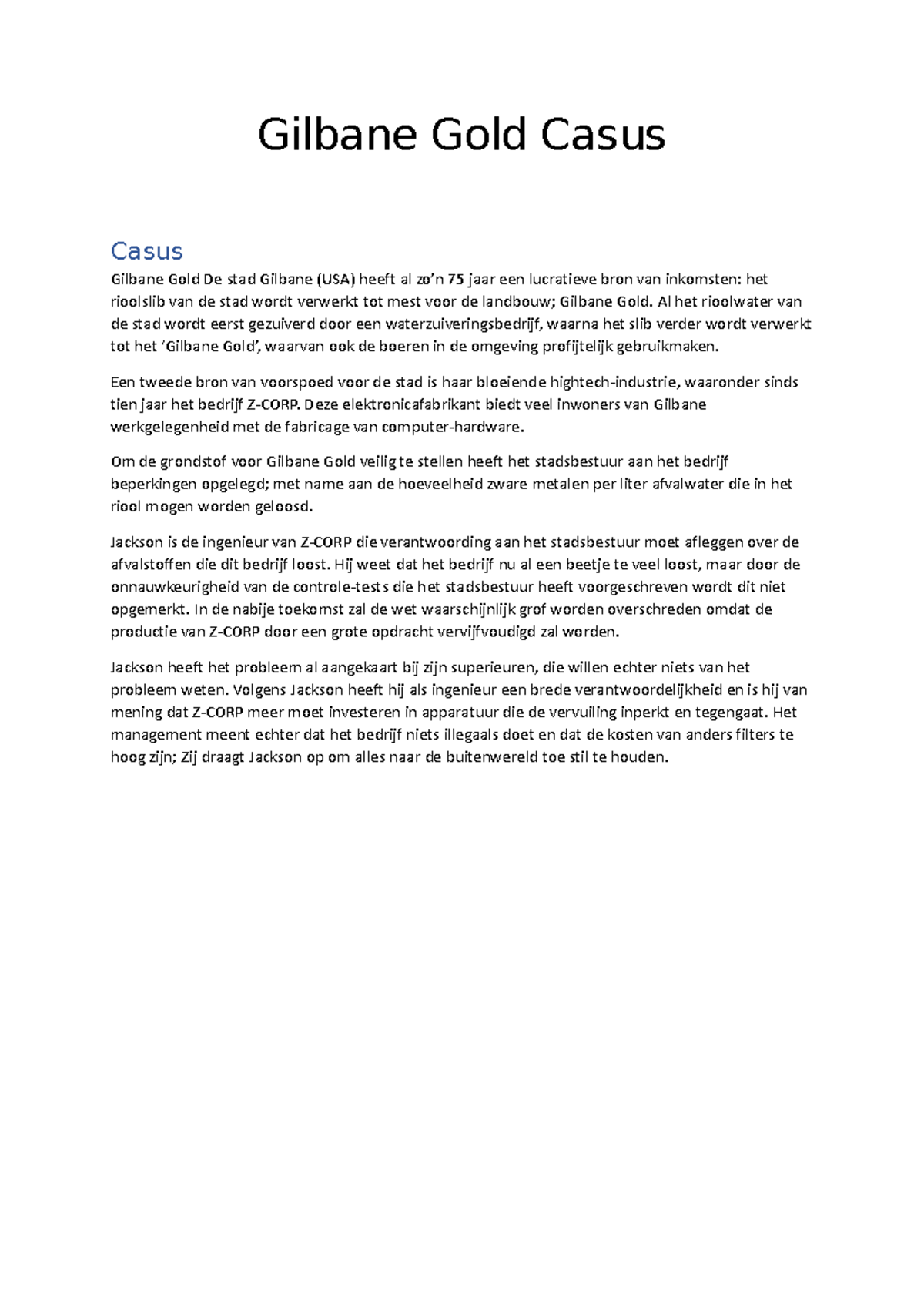 Gilbane Gold Case Uitwerking - Gilbane Gold Casus Casus Gilbane Gold De ...