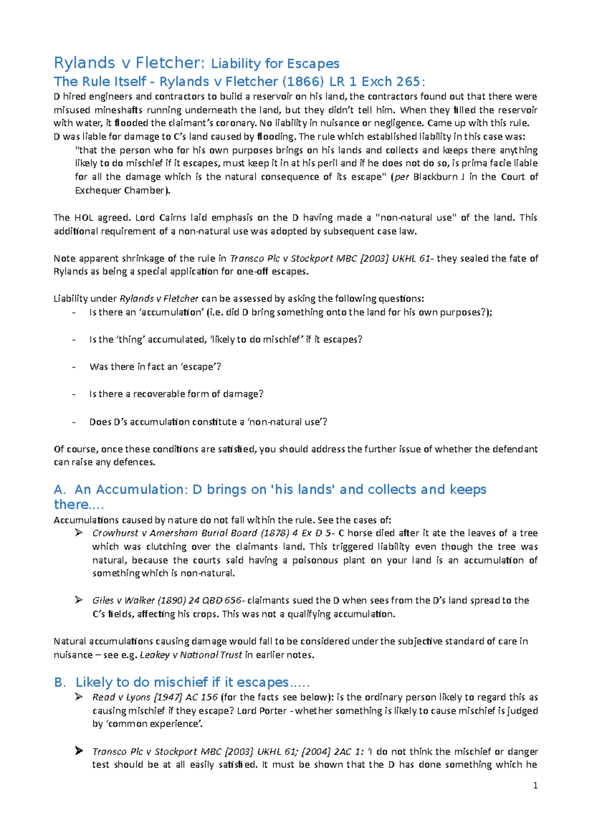 Rylands v Fletcher lecture notes - Rylands v Fletcher: Liability for ...