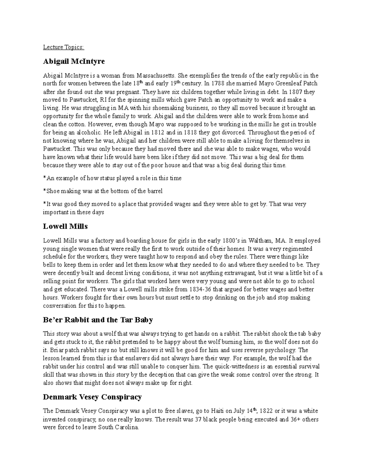 HY 103- Final Review Study Guide - Lecture Topics: Abigail McIntyre ...