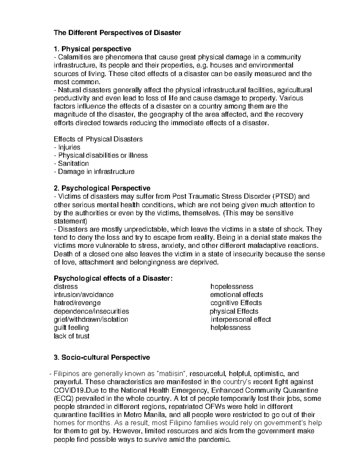 DRR Handouts - N/A - The Different Perspectives of Disaster Physical ...