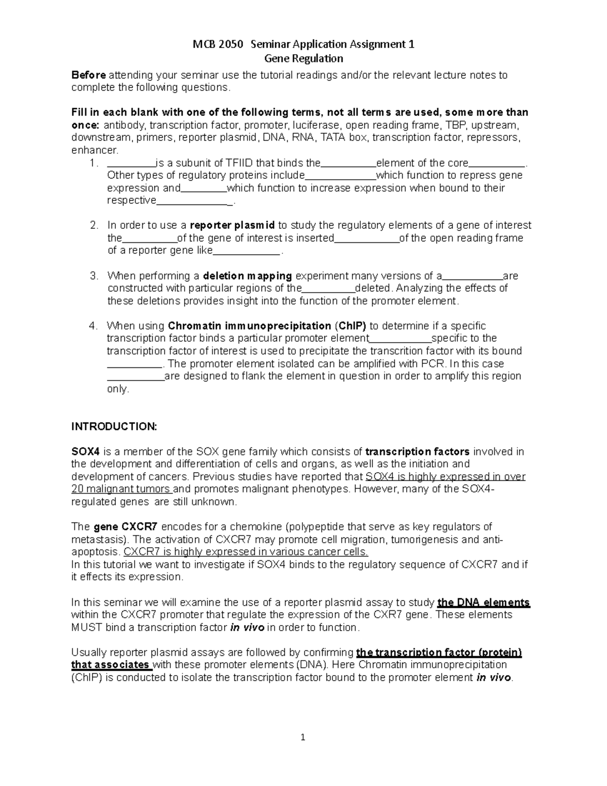 F22 Gene regulation Seminar 1 word - MCB 2050 Seminar Application Assignment 1 Gene Regulation 1 ...