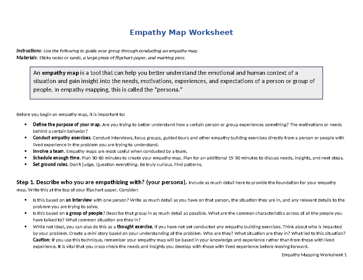 5 Empathy Map Worksheet - Empathy Map Worksheet Instructions: Use the ...