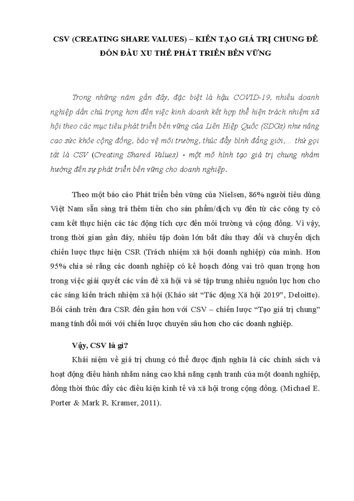 CSV ( Creating Share Values) – KIẾN TẠO GIÁ TRỊ Chung ĐỂ ĐÓN ĐẦU XU THẾ PHÁT TRIỂN BỀN VỮNG ...