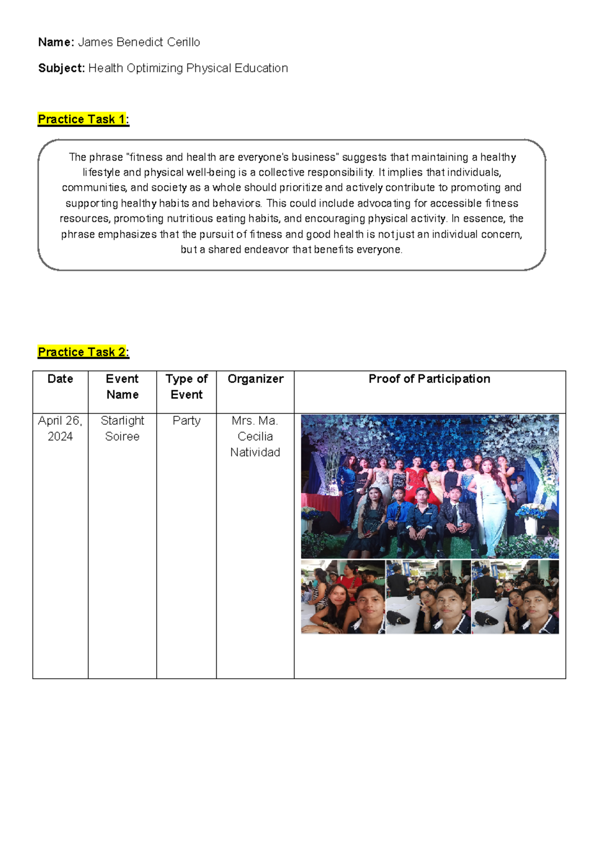 HOPE Activity - Name: James Benedict Cerillo Subject: Health Optimizing ...