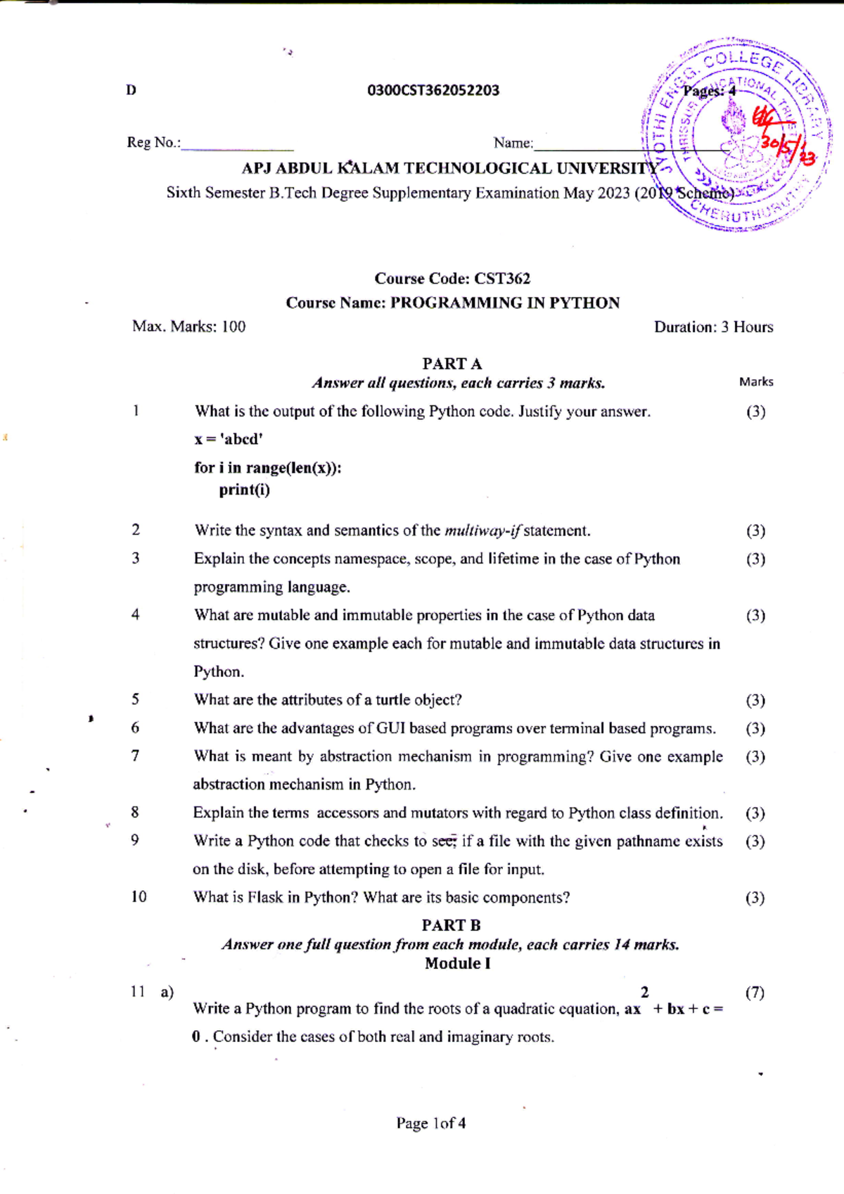 Cst362 Programming In Python May 2023 1 D Reg No 0300csr3620s Apj Abdul Icalam