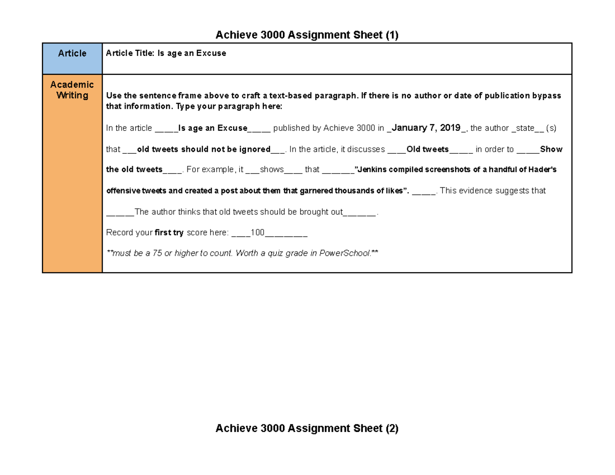 Copy of Final Achieve 3000 Student Self-Assessment Sheet - Achieve 3000 ...