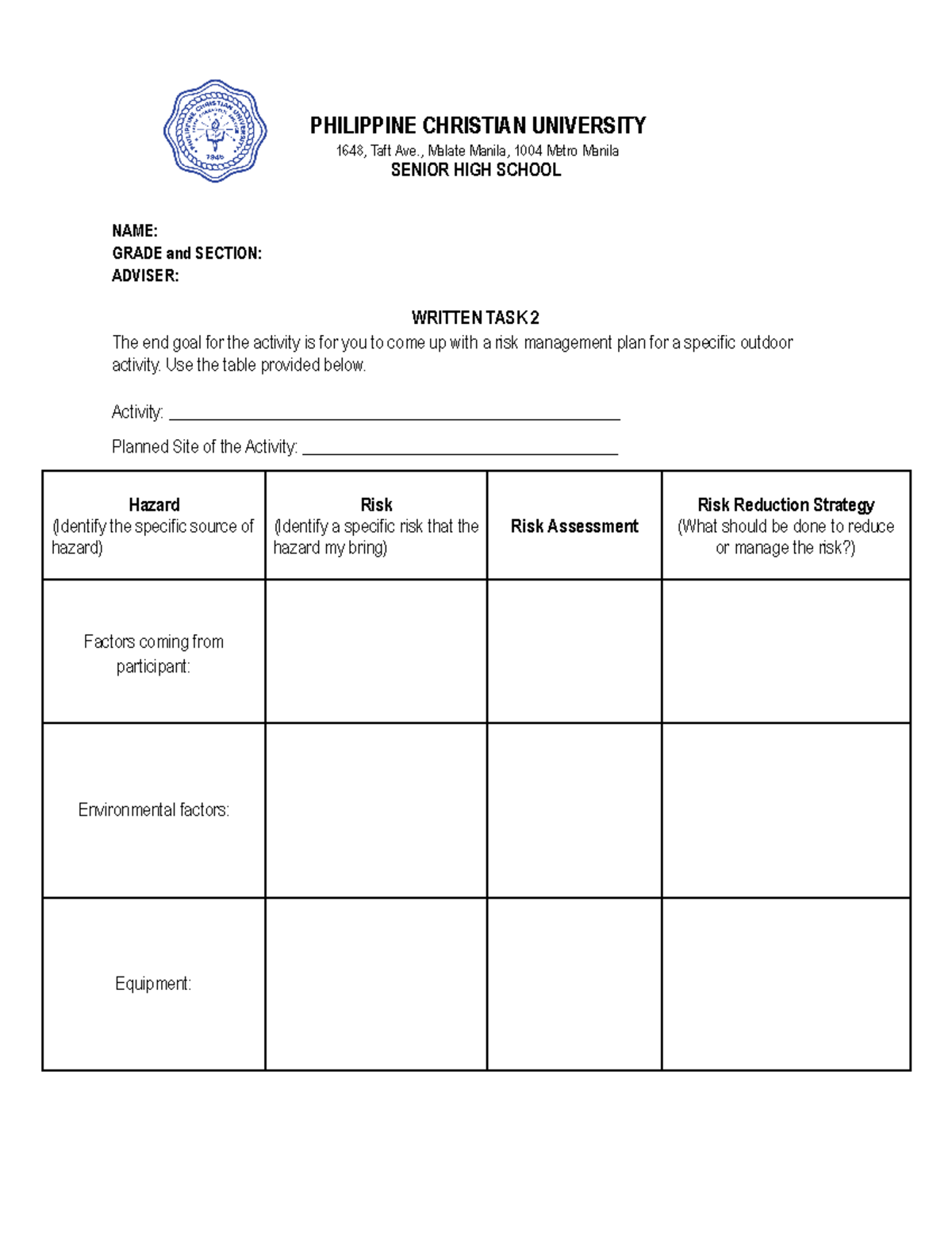 Written-Task-2 - PHILIPPINE CHRISTIAN UNIVERSITY 1648, Taft Ave ...