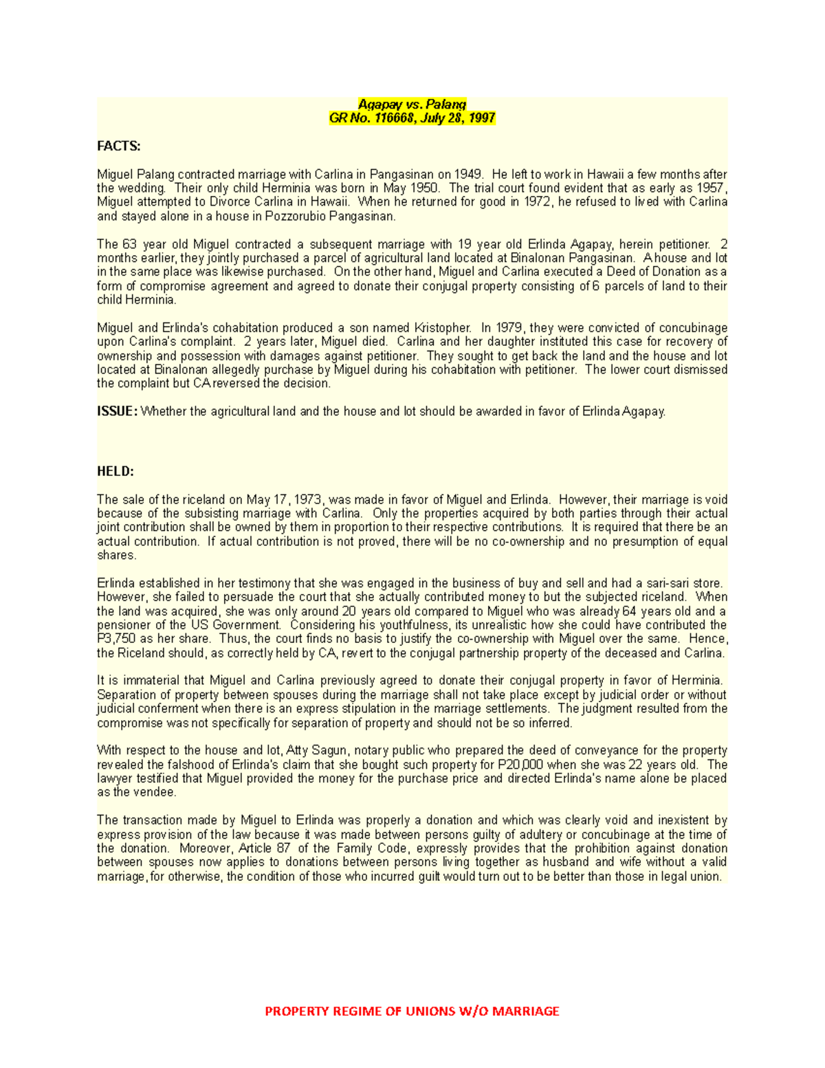 Agapay vs - lecture notes - Agapay vs. Palang GR No. 116668, July 28 ...