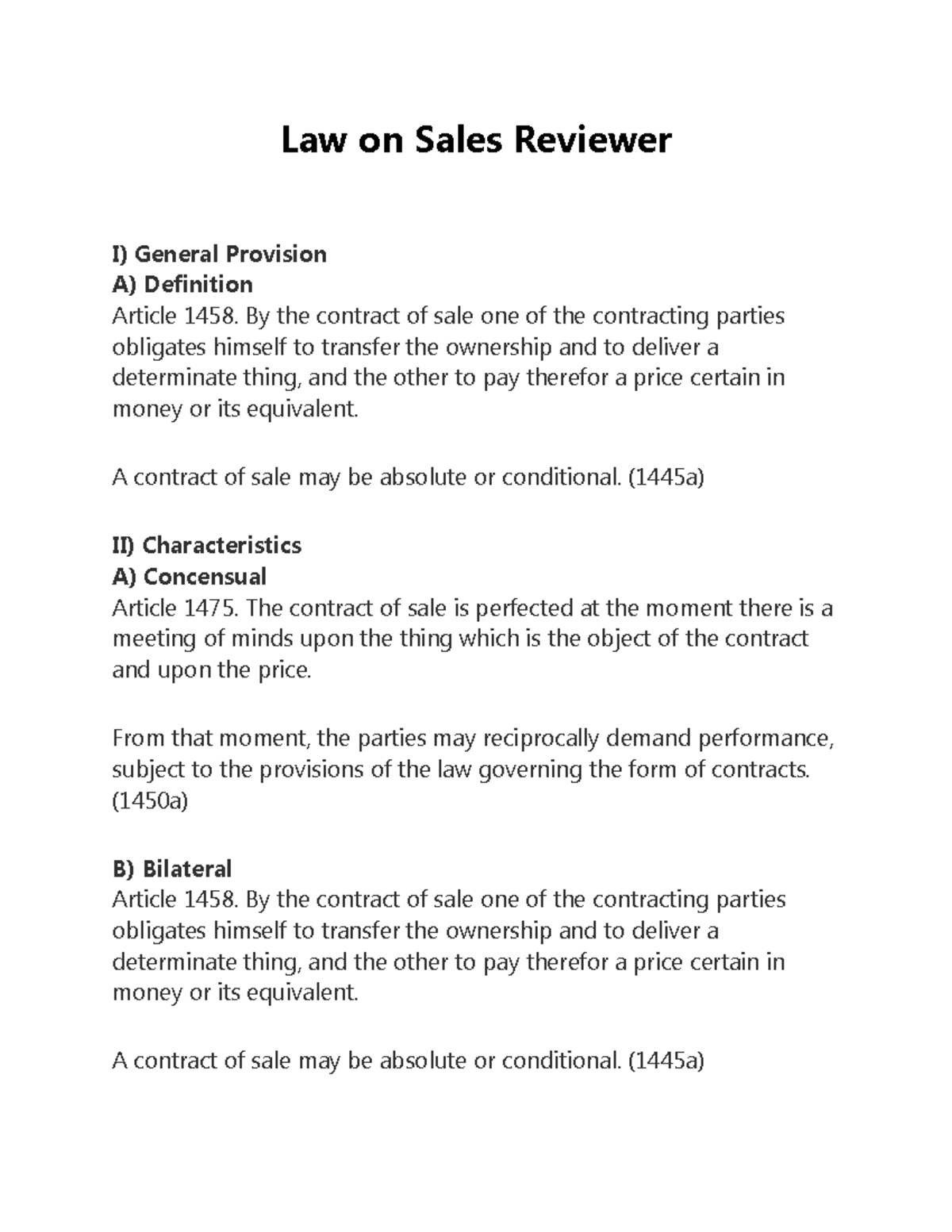 LAW ON Sales Reviewer - Law on Sales Reviewer I) General Provision A ...