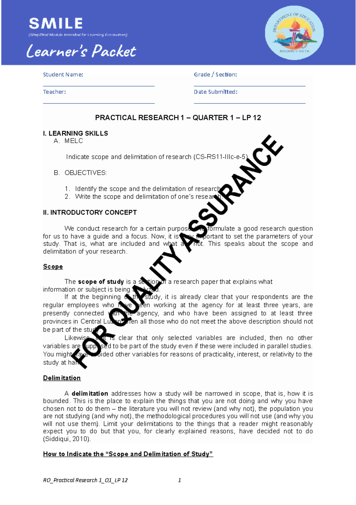 Practical- Research 1 Q1 LP-12 - Student Name: Grade / Section: Teacher ...