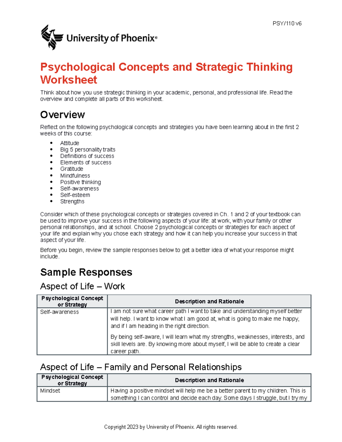 Psy110 v6 wk2 psychological concepts and strategic thinking worksheet ...