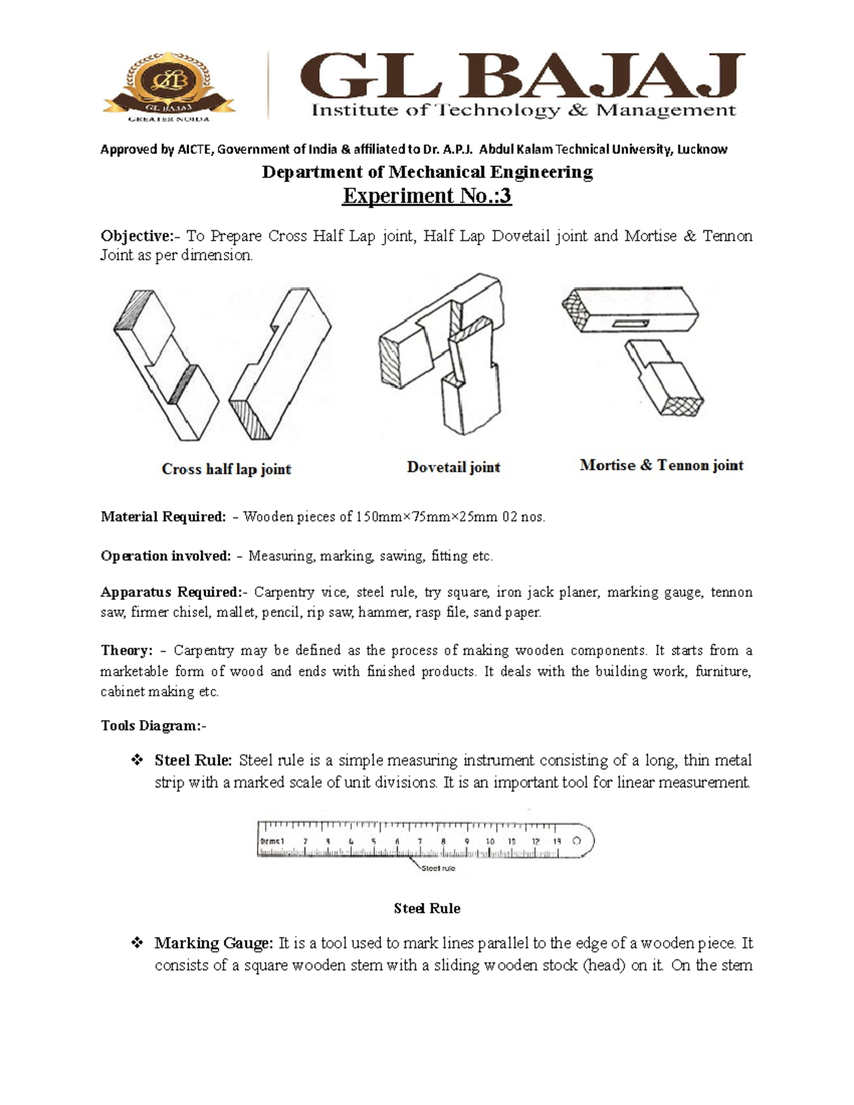 Carpentry shop - Department of Mechanical Engineering Experiment No ...