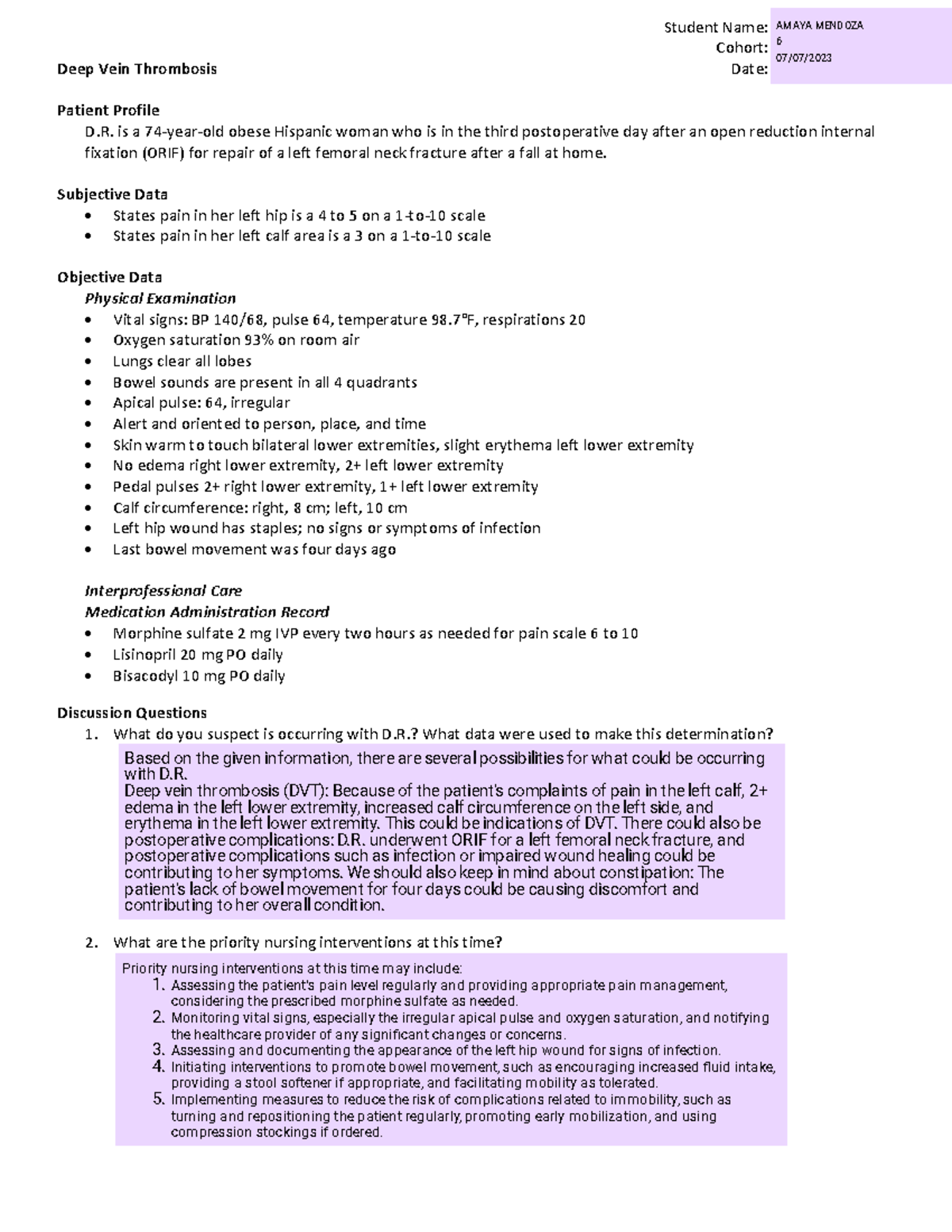 DVT filled case - Deep Vein Thrombosis Patient Profile D. is a 74-year ...
