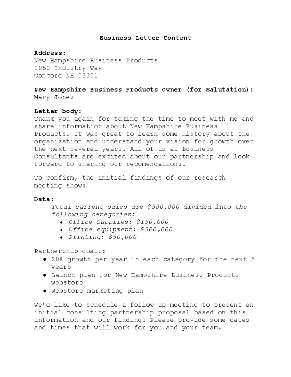 IT 100 Business Letter - class work - Business Letter Content Address ...