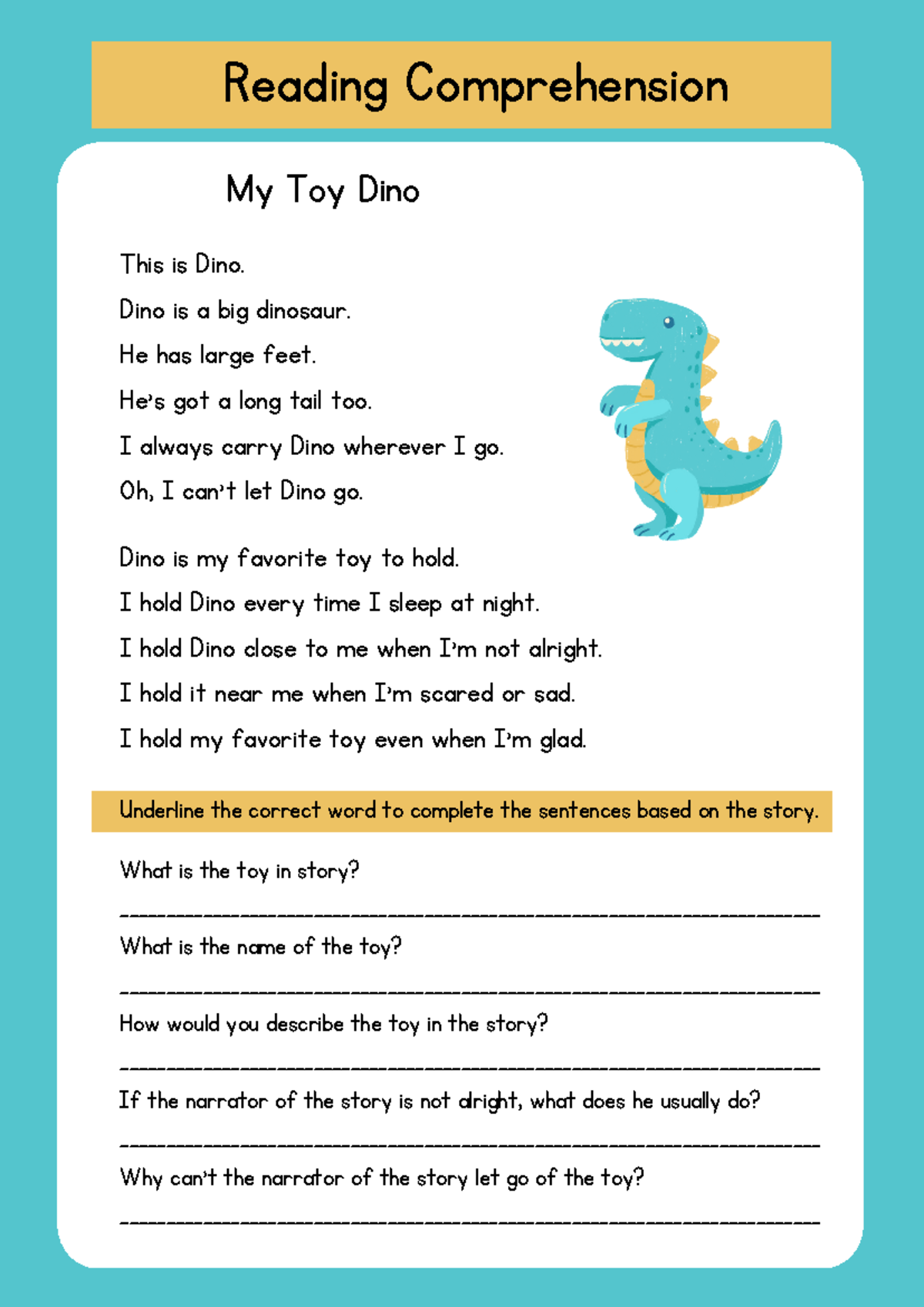 My Favorite Toy Story Reading Comprehension Worksheet in Blue and ...