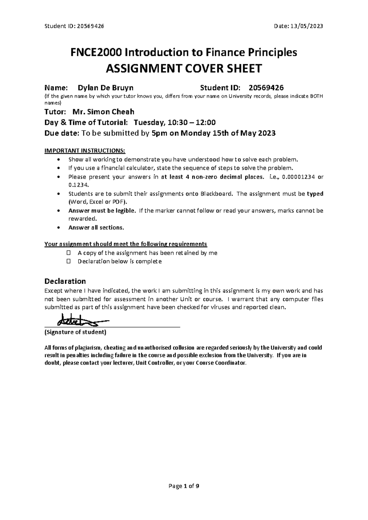 FNCE2000 Assignment S1 2023 20569426 - FNCE2000 Introduction to Finance ...