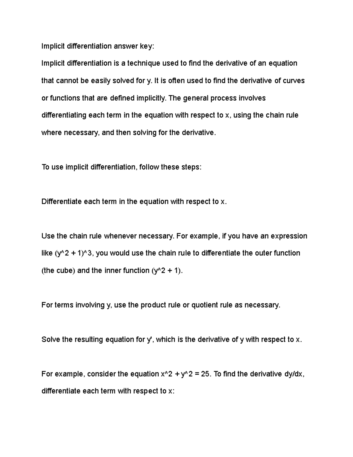 Implicit differentiation answer key - Implicit differentiation answer ...