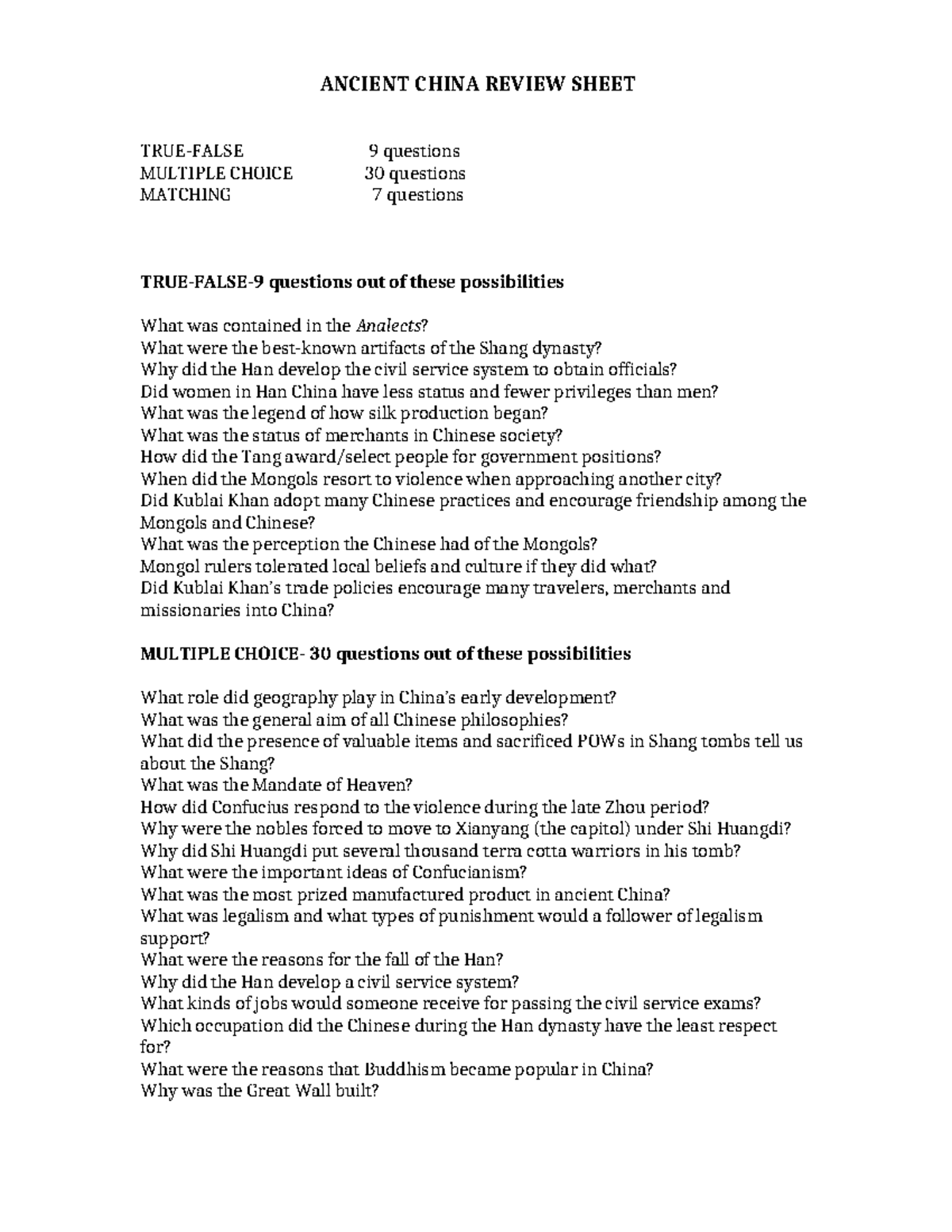 Ancient China Review Sheet - ANCIENT CHINA REVIEW SHEET TRUE-FALSE 9 ...