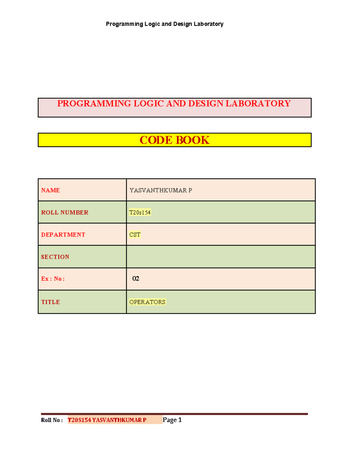 Sample Document for PLD Laboratory - PROGRAMMING LOGIC AND DESIGN LABORATORY CODE BOOK NAME ...