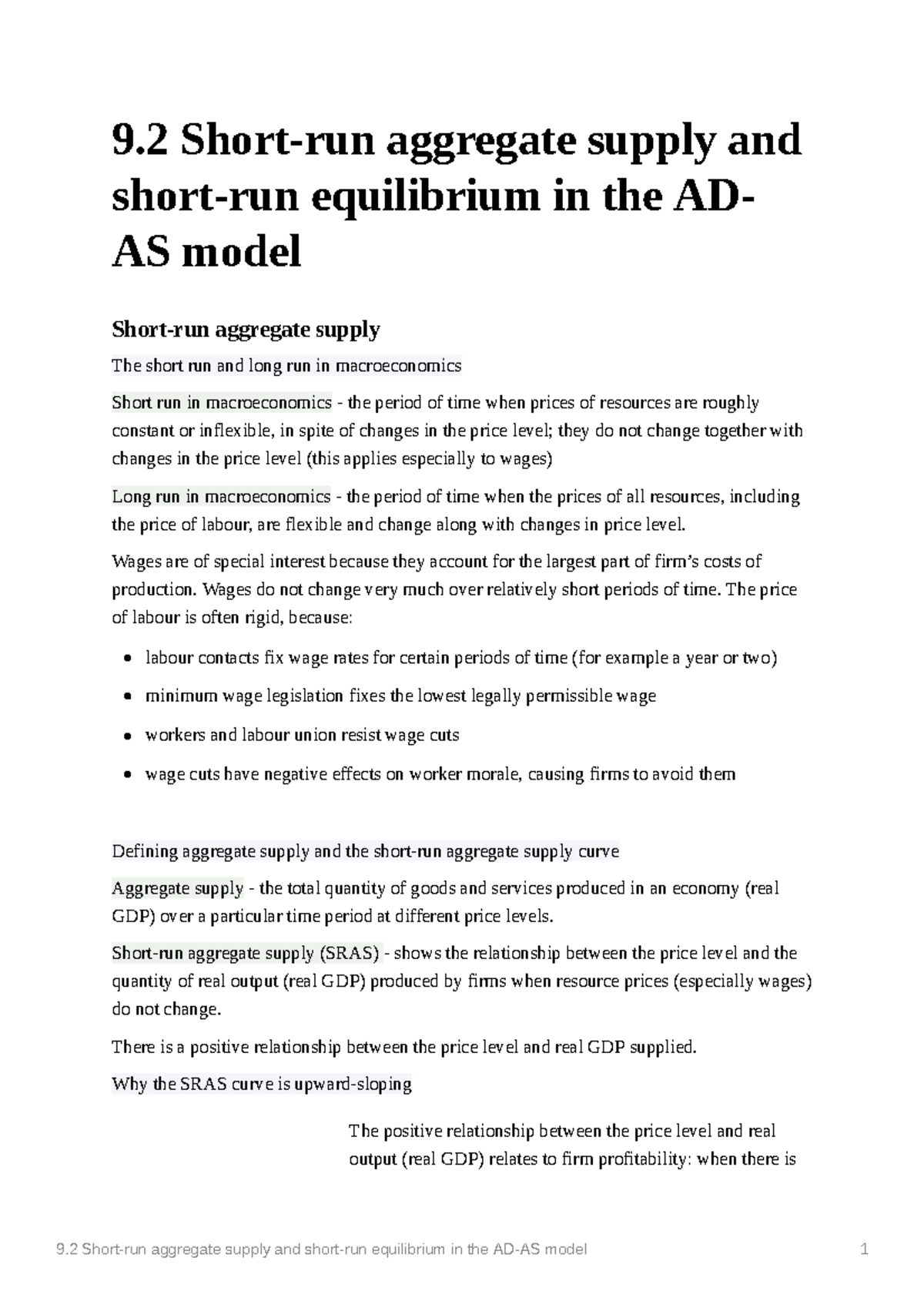 9 - Explaining aggregate supply and the AS curve - 9 Short-run ...