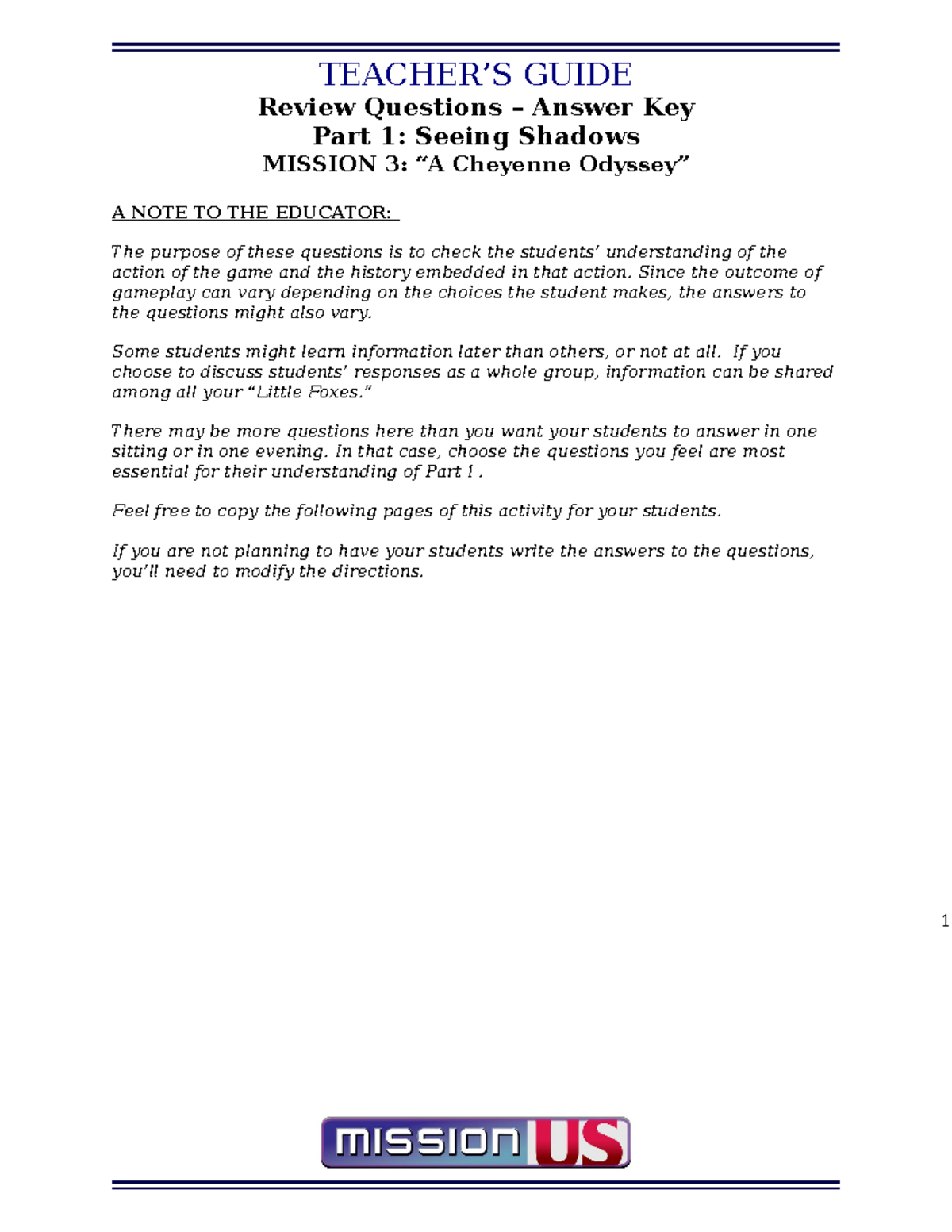 Mission 3 part 1 review questions answer key final - TEACHER’S GUIDE ...
