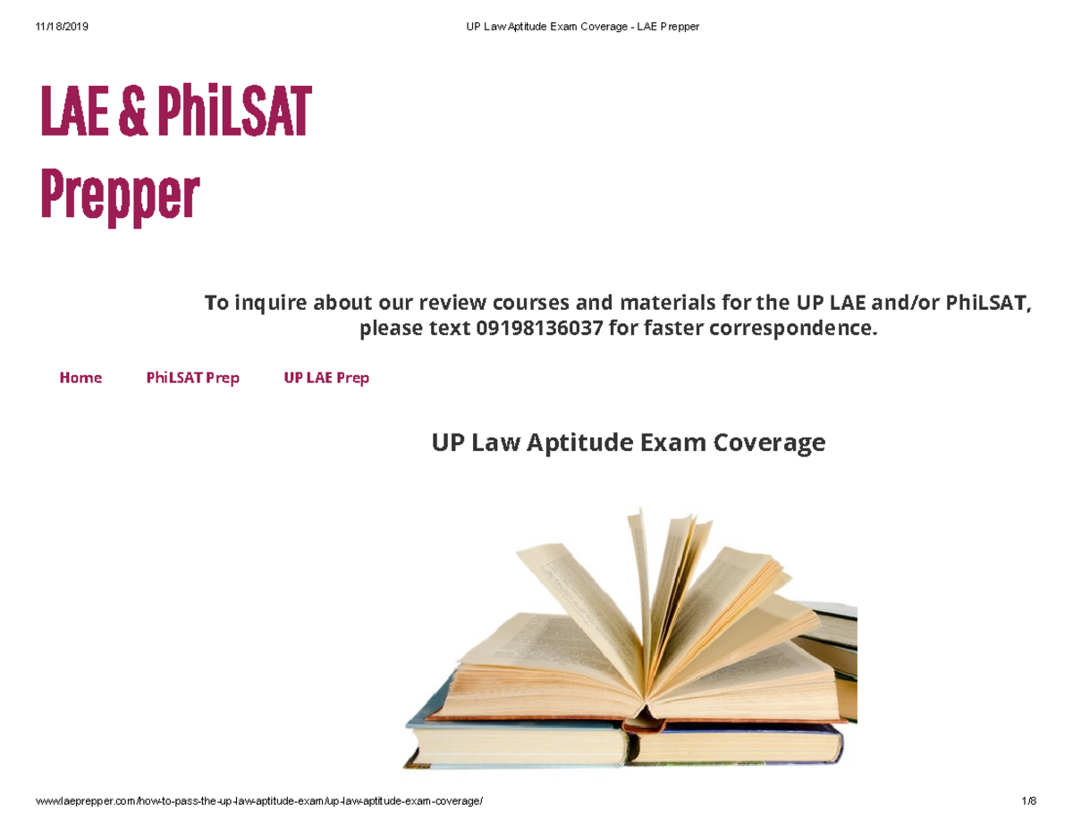 435497984 UP Law Aptitude Exam Coverage LAE Prepper - LAE & PhiLSAT Prepper To inquire about our ...