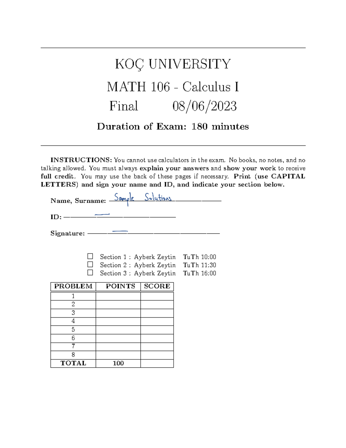 M106Sp23F-sample solutions - KOC ̧ UNIVERSITY MATH 106 - Calculus I ...