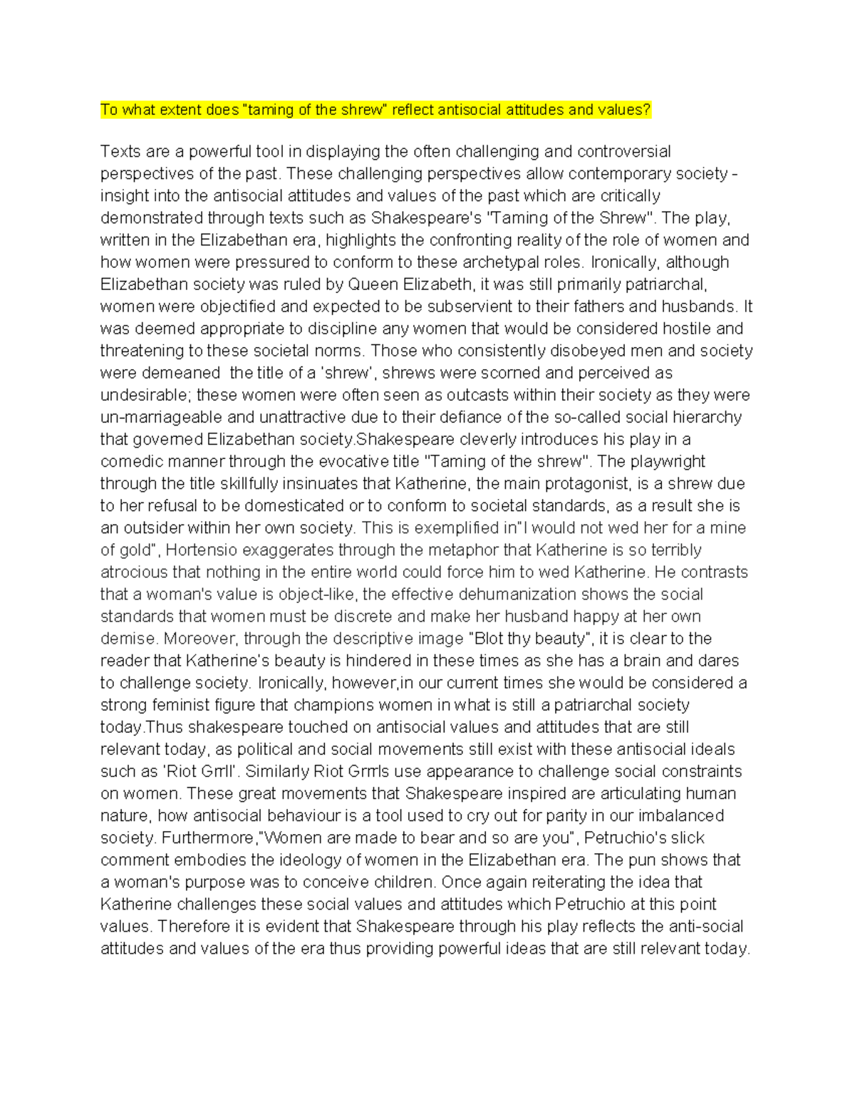 To what extent does “taming of the shrew” reflect antisocial attitudes ...