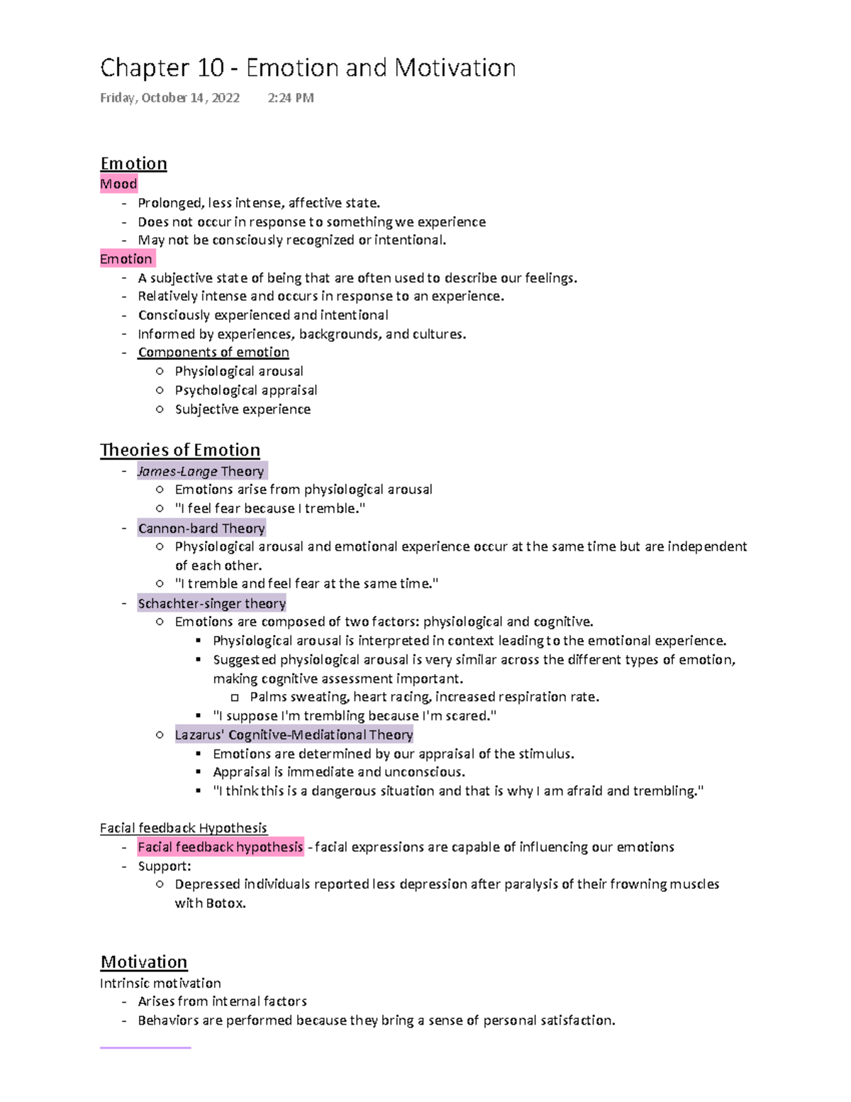 Chapter 10 - Emotion and Motivation - Emotion Mood - Prolonged, less intense, affective state ...