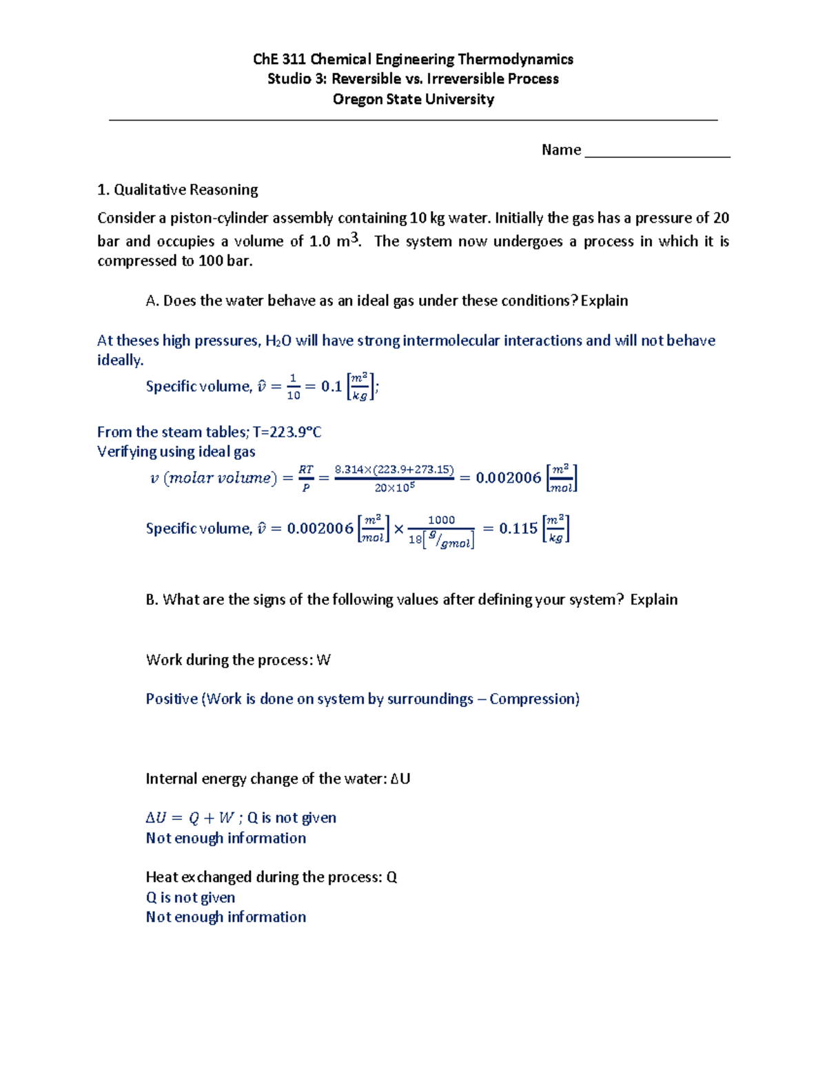 CHE311 Studio 3 Solution Reversible vs Irreversible Process - Studio 3 ...