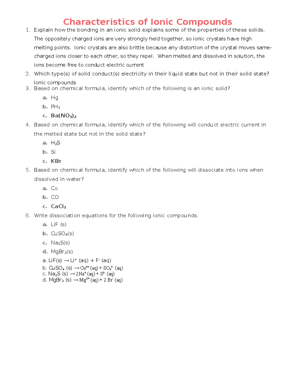 Section 3.6 Worksheet - class practice assignment - Characteristics of ...
