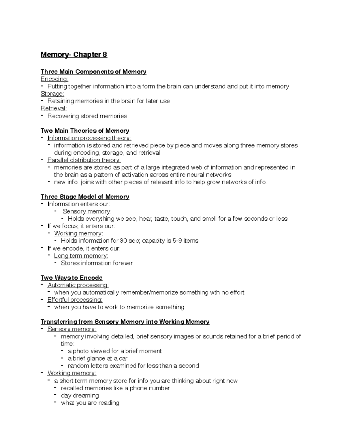 PS102 Final Notes copy - Memory- Chapter 8 Three Main Components of ...