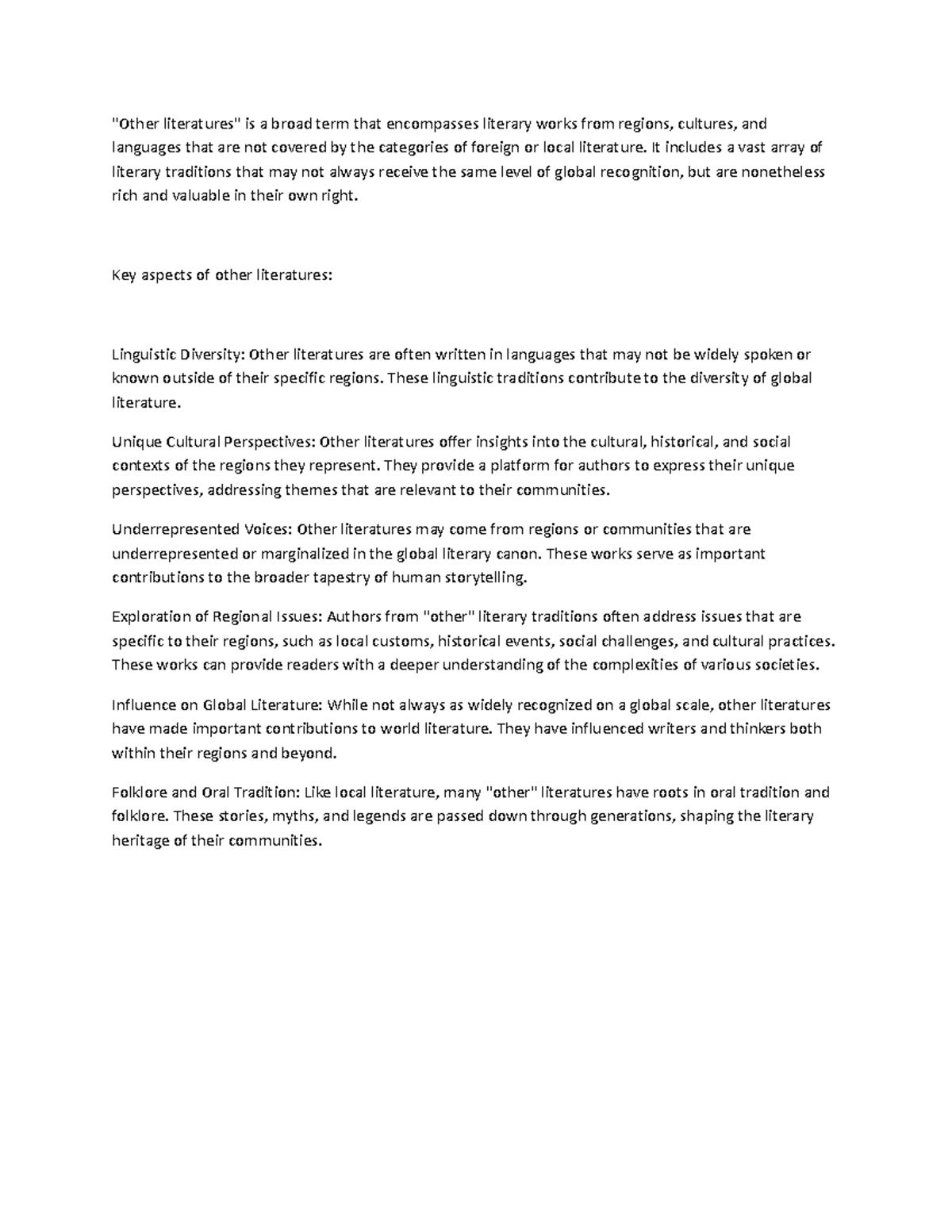 Other literature - "Other literatures" is a broad term that encompasses ...