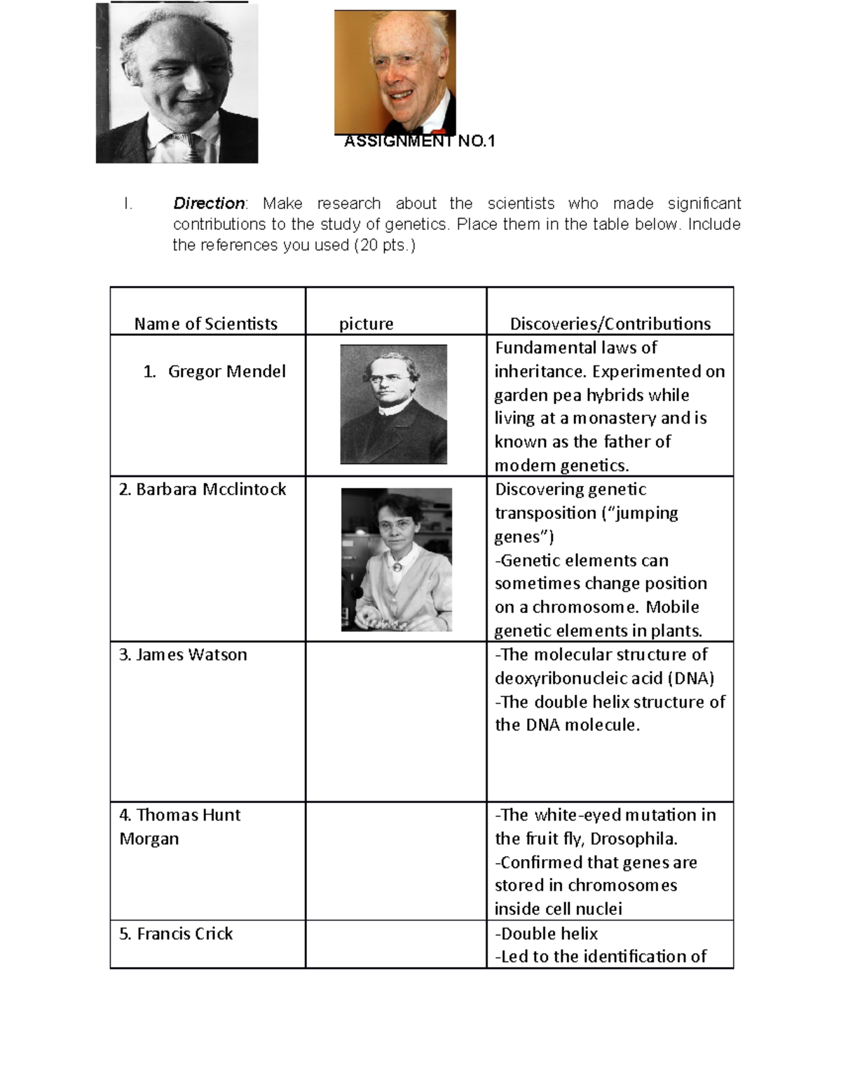 Genetics 1 - Make research about the scientists who made significant ...