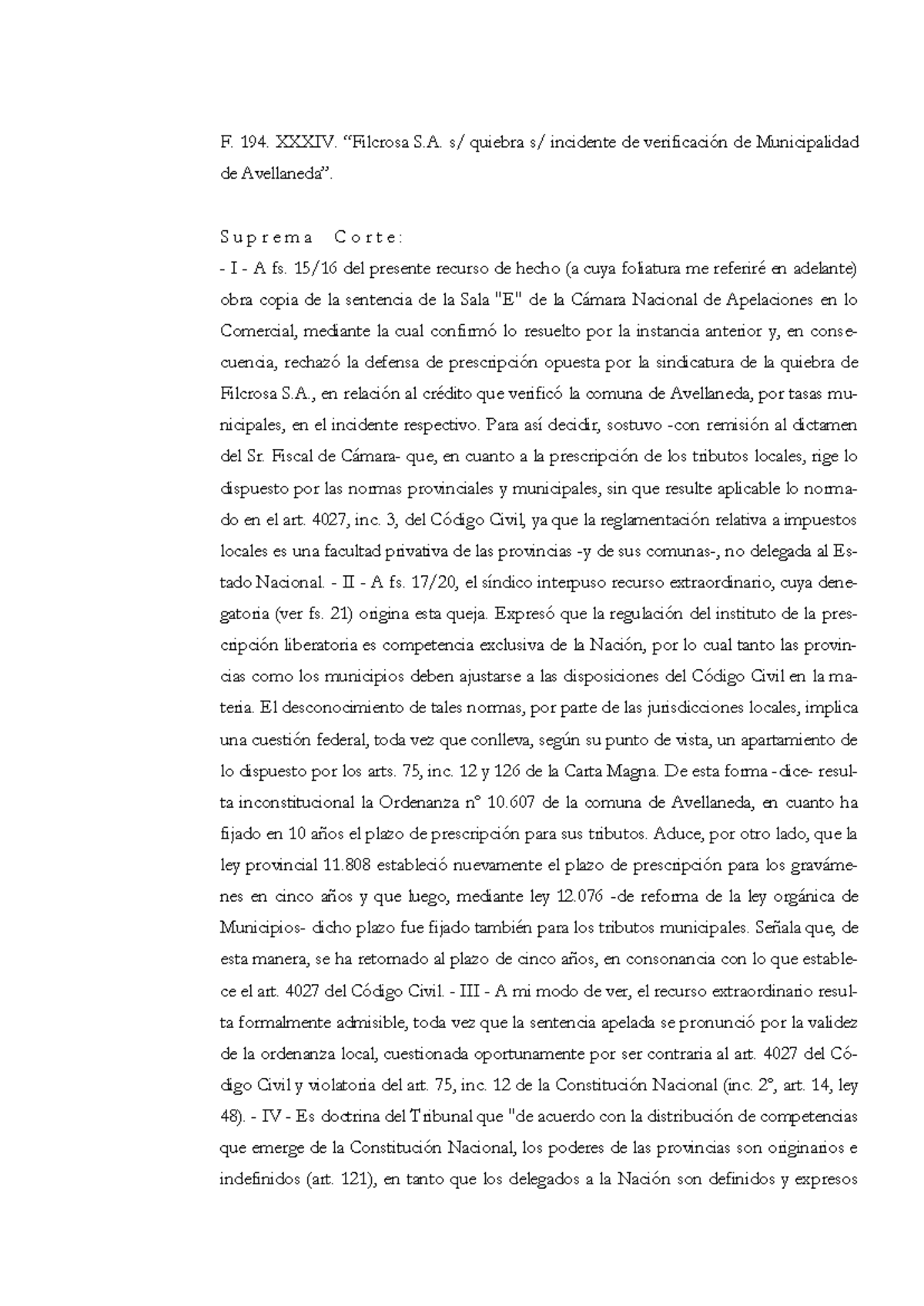 TP2 - Documento extra 3 - F. 194. XXXIV. “Filcrosa S. s/ quiebra s/ incidente de verificación de ...