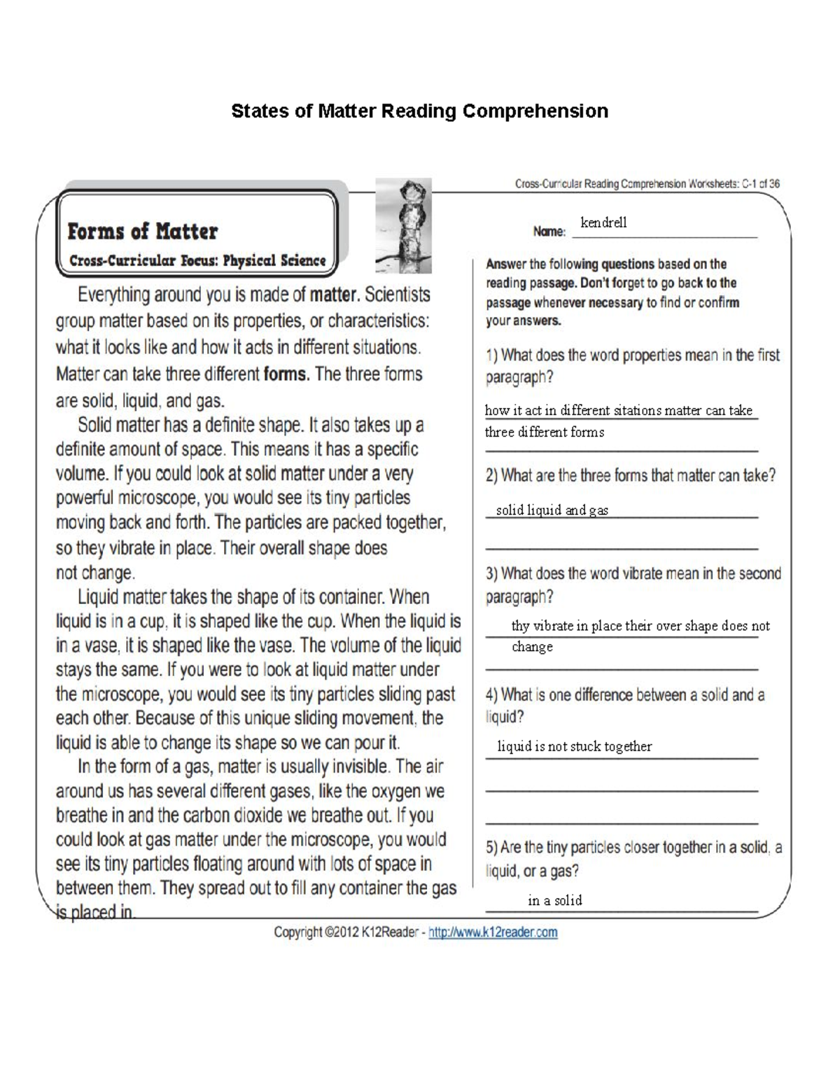Kami Export - States of Matter Reading Comprehension - States of Matter ...