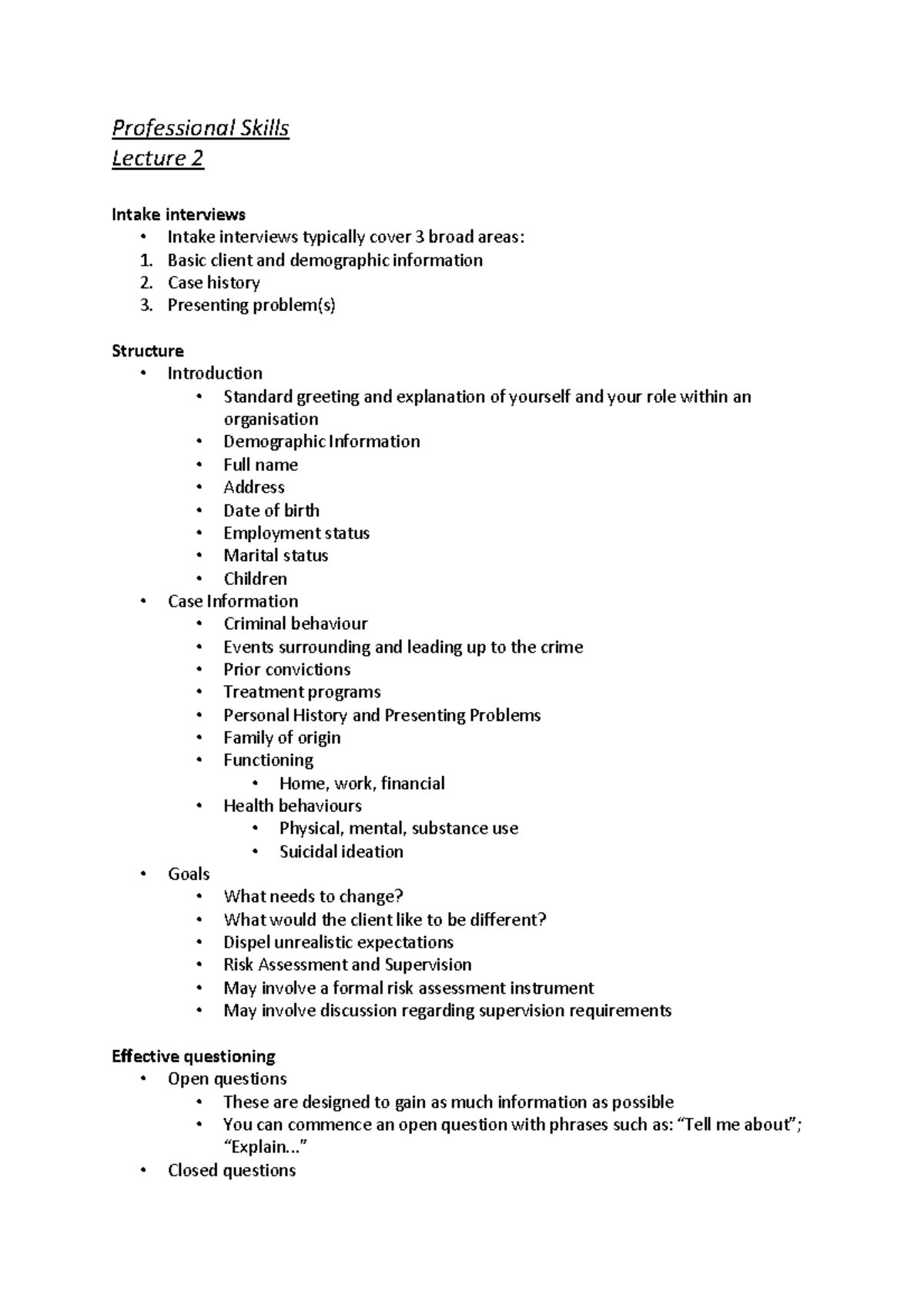 CRI2101 Lecture 2 - Professional Skills Lecture 2 Intake interviews ...