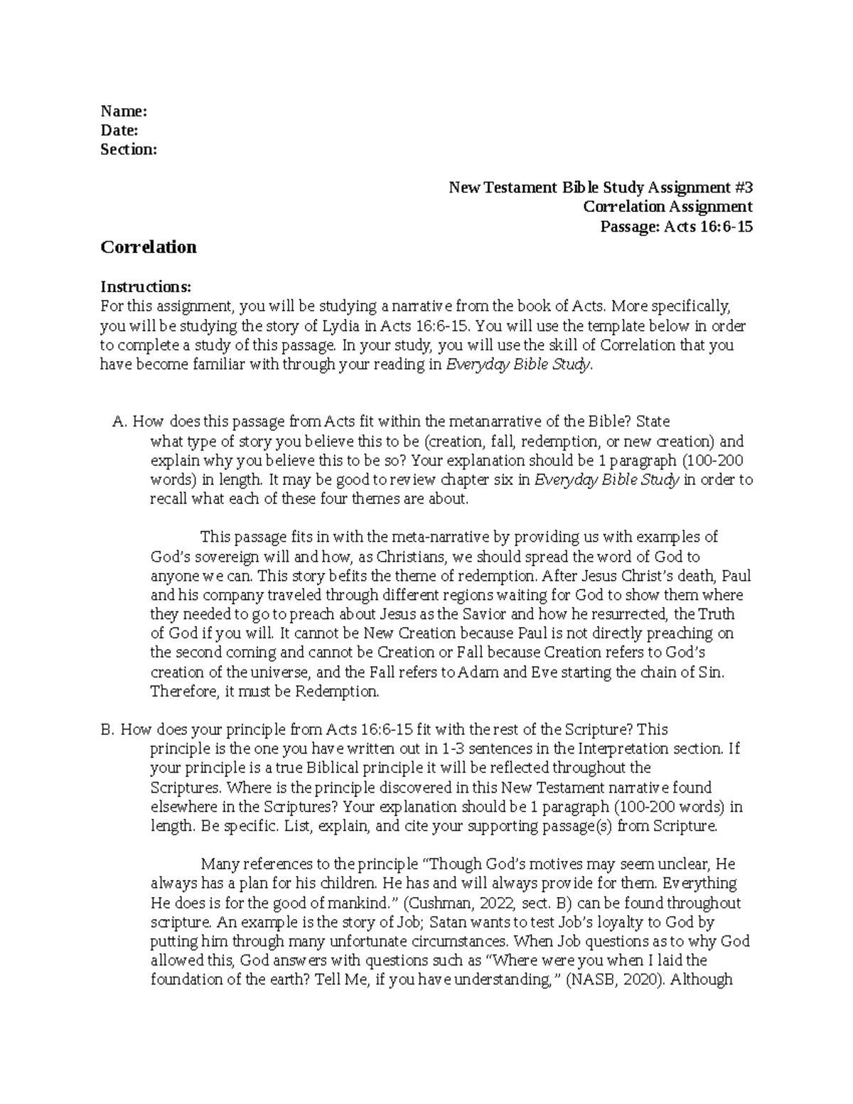 BIBL 110 - Bible Study Correlation Assignment Template (AY2122) - Name ...