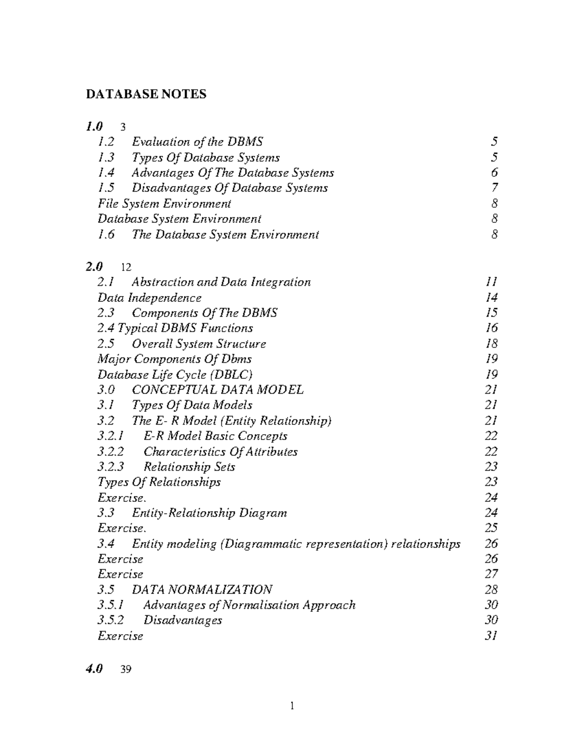 Database Notes - DATABASE NOTES 1 1 Evaluation of the DBMS 1 Types Of ...