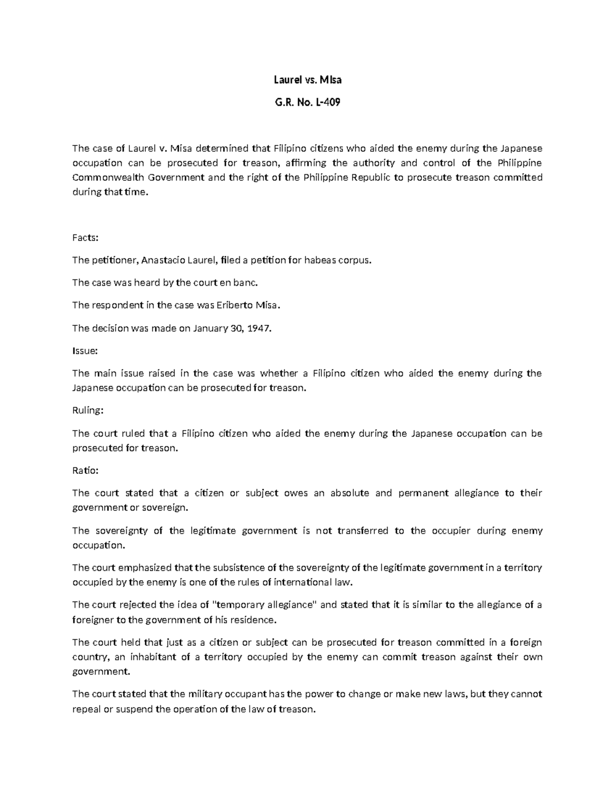 Case digest Criminal Law Book 2 - Laurel vs. Misa G. No. L- The case of ...