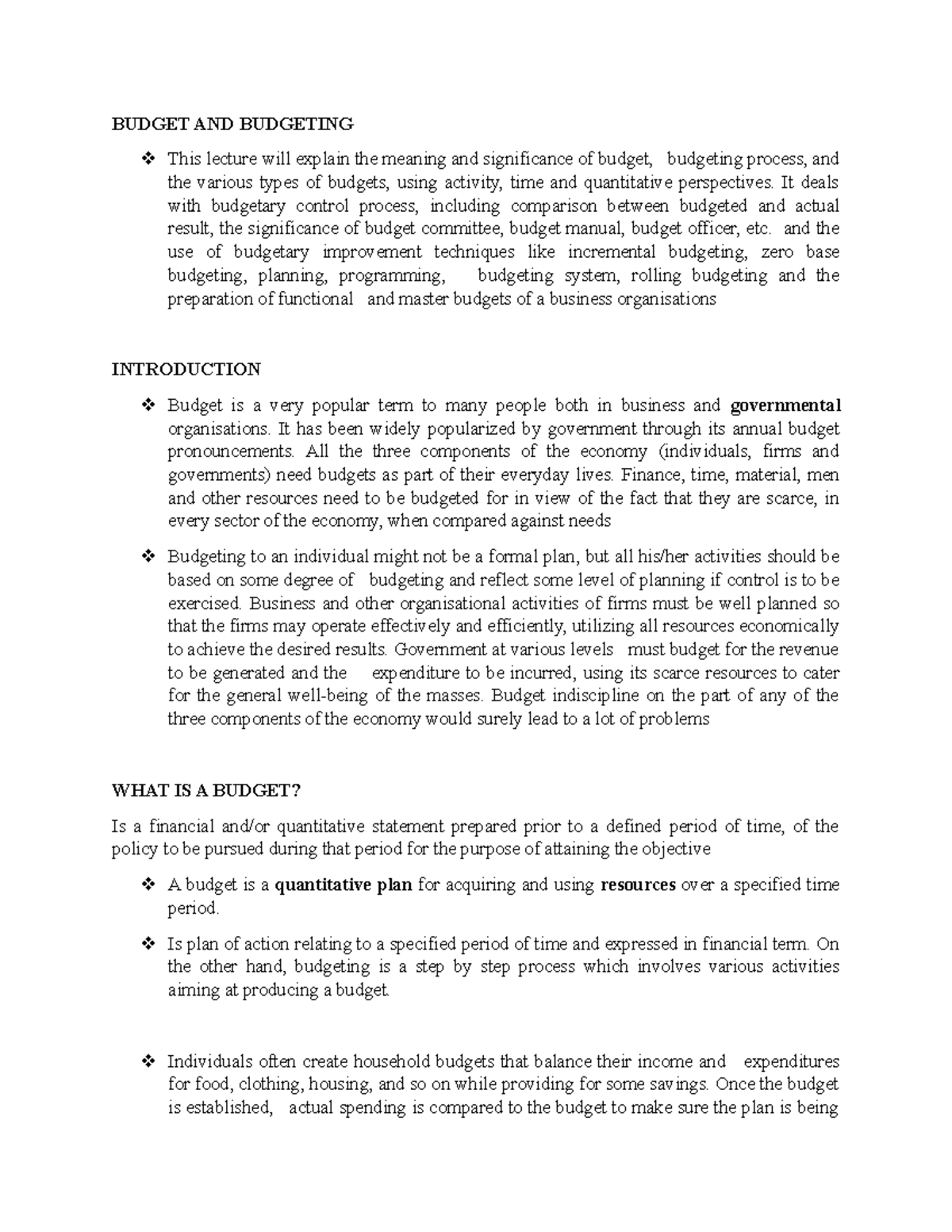 Budget AND Budgeting 1 - Lecture notes on the model of financial ...