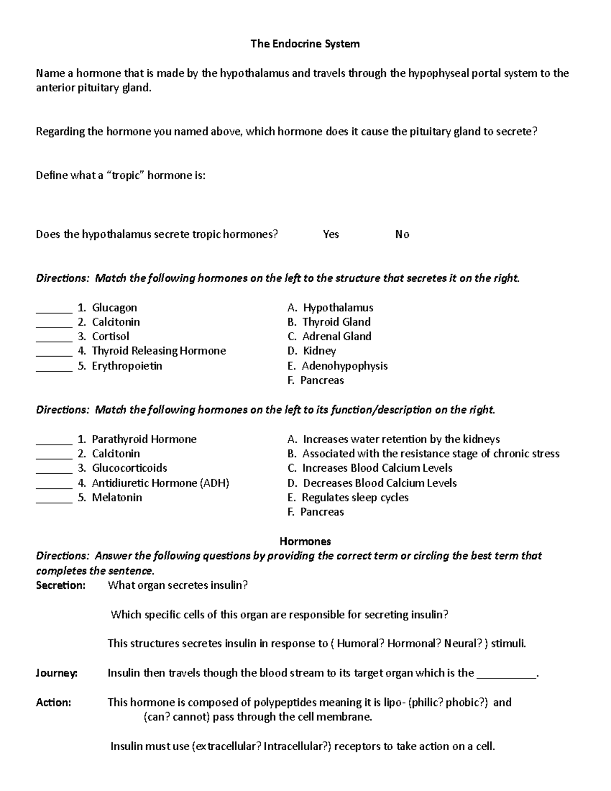 1222 - Unit 1 - Review Worksheet - The Endocrine System Name a hormone ...