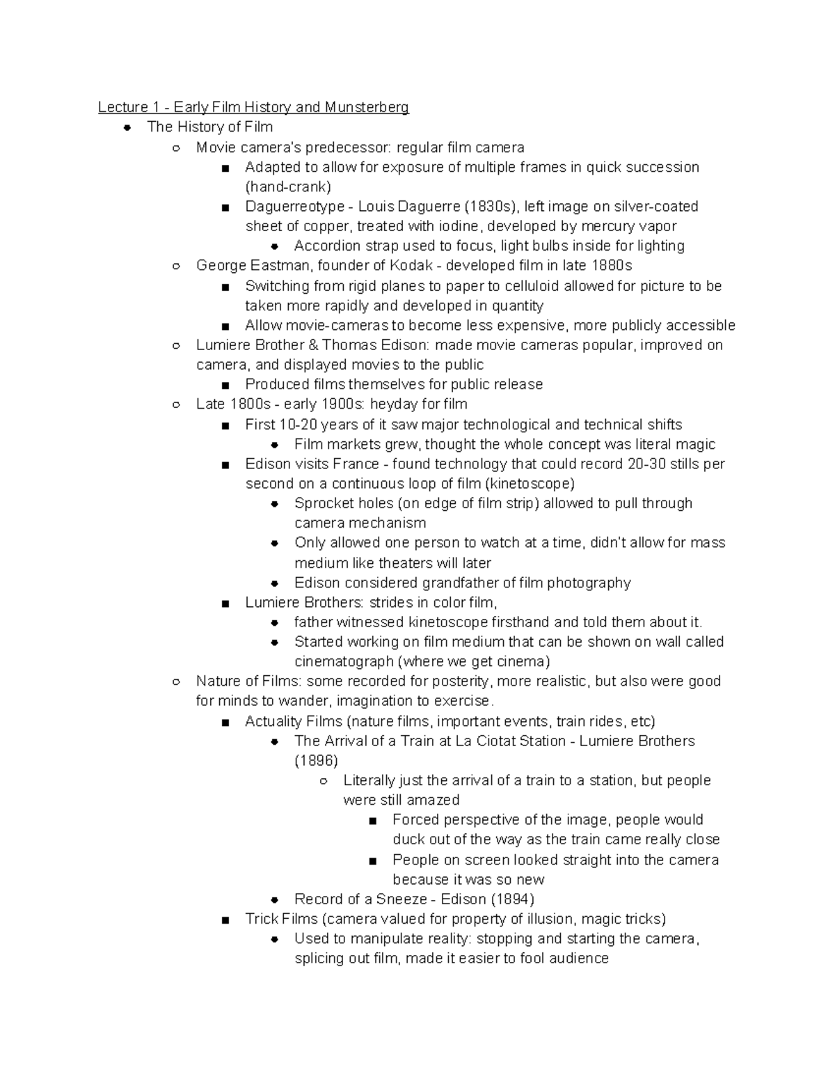 FILM 114 Lecture Notes - Lecture 1 - Early Film History and Munsterberg ...