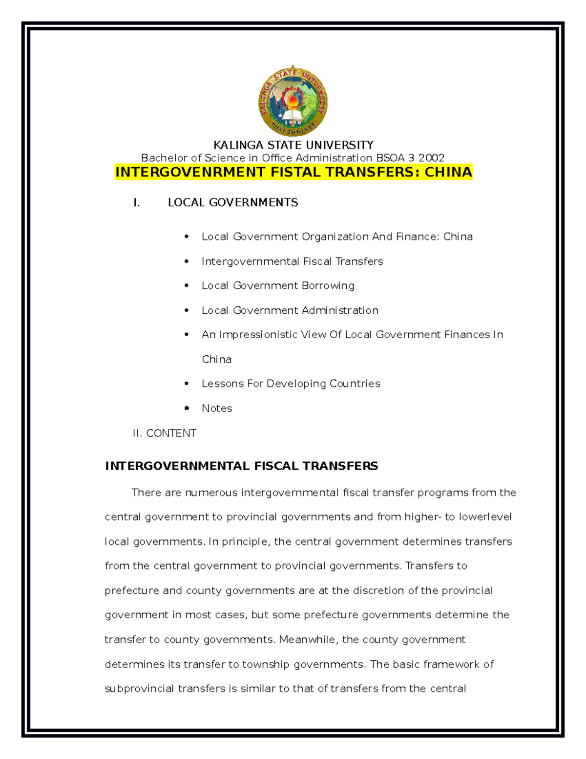 Intergovenrment Fistal Transfers - China - KALINGA STATE UNIVERSITY ...