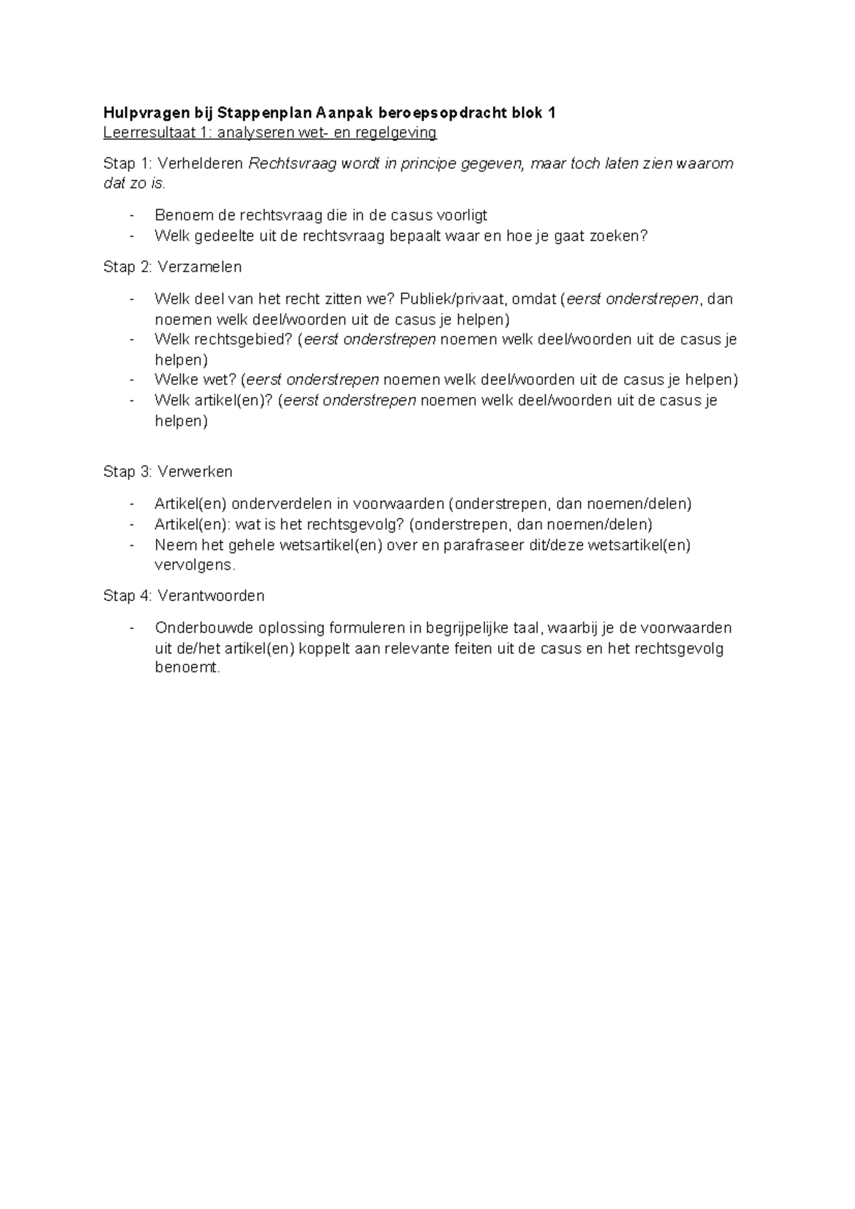 Hulpvragen bij Stappenplan Aanpak Beroepsopdracht blok 1 - Benoem de ...