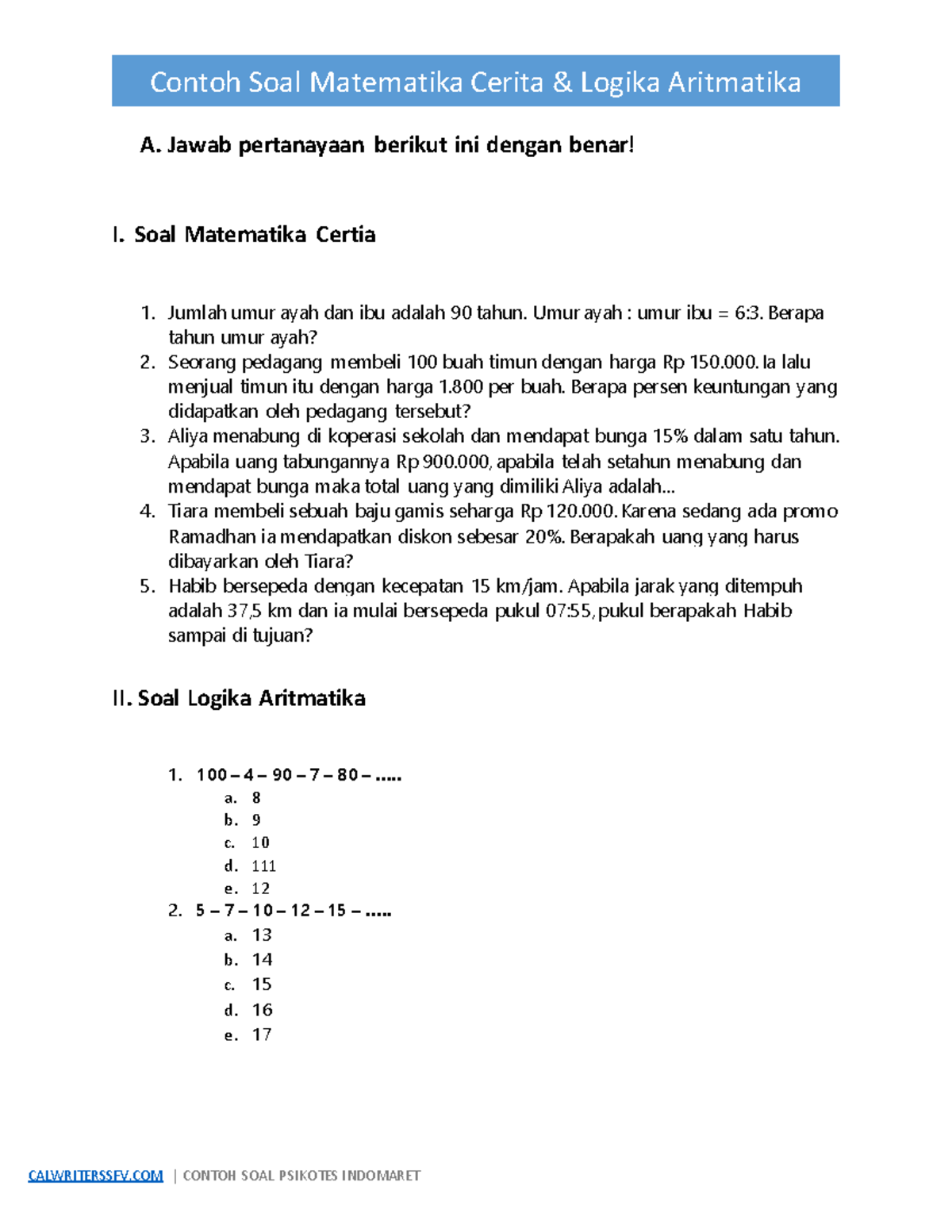 Contoh Soal Matematika Cerita Logika Aritmatika - Contoh Soal ...