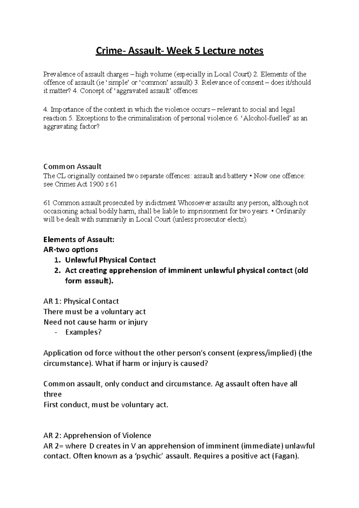 Crime- Assault- Week 5 Lecture Notes - Elements of the offence of ...