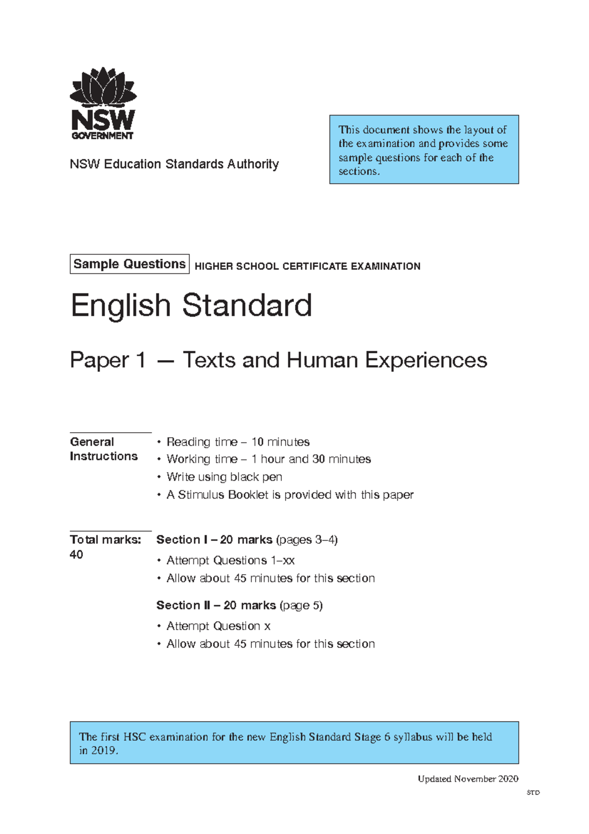 English standard paper 1 sample hsc questions november 2020 - STD ...