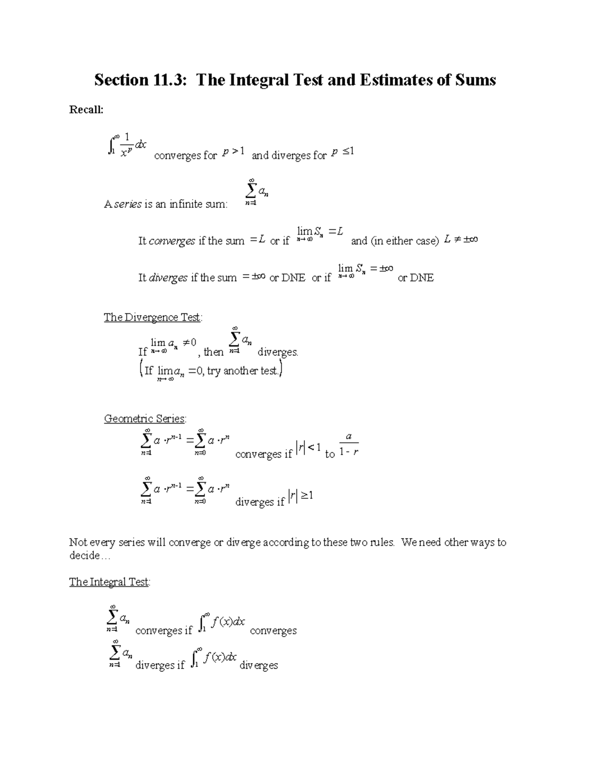 Section 11 - exam review - Section 11: The Integral Test and Estimates ...