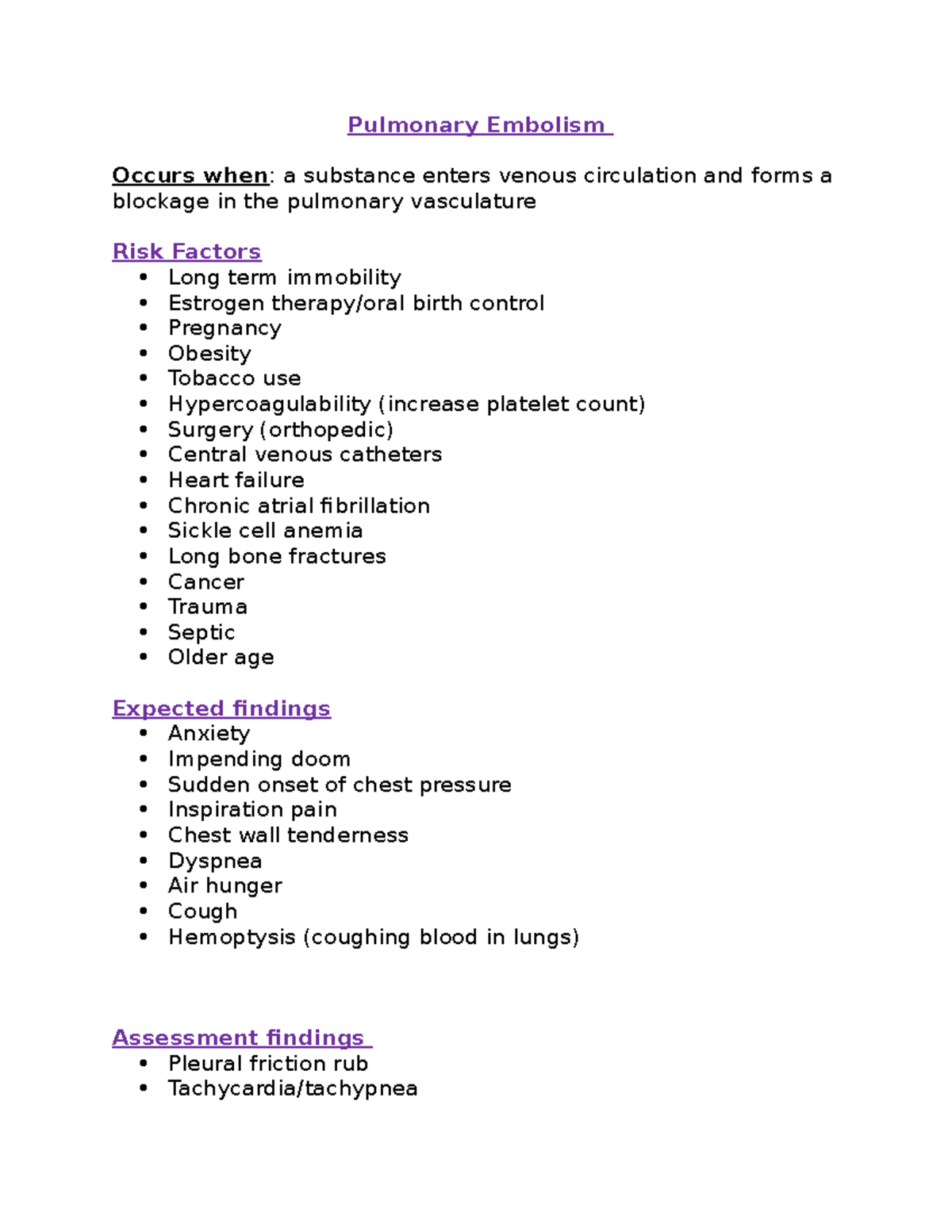 Pulmonary Embolism - notes from ati book PE - Pulmonary Embolism Occurs ...